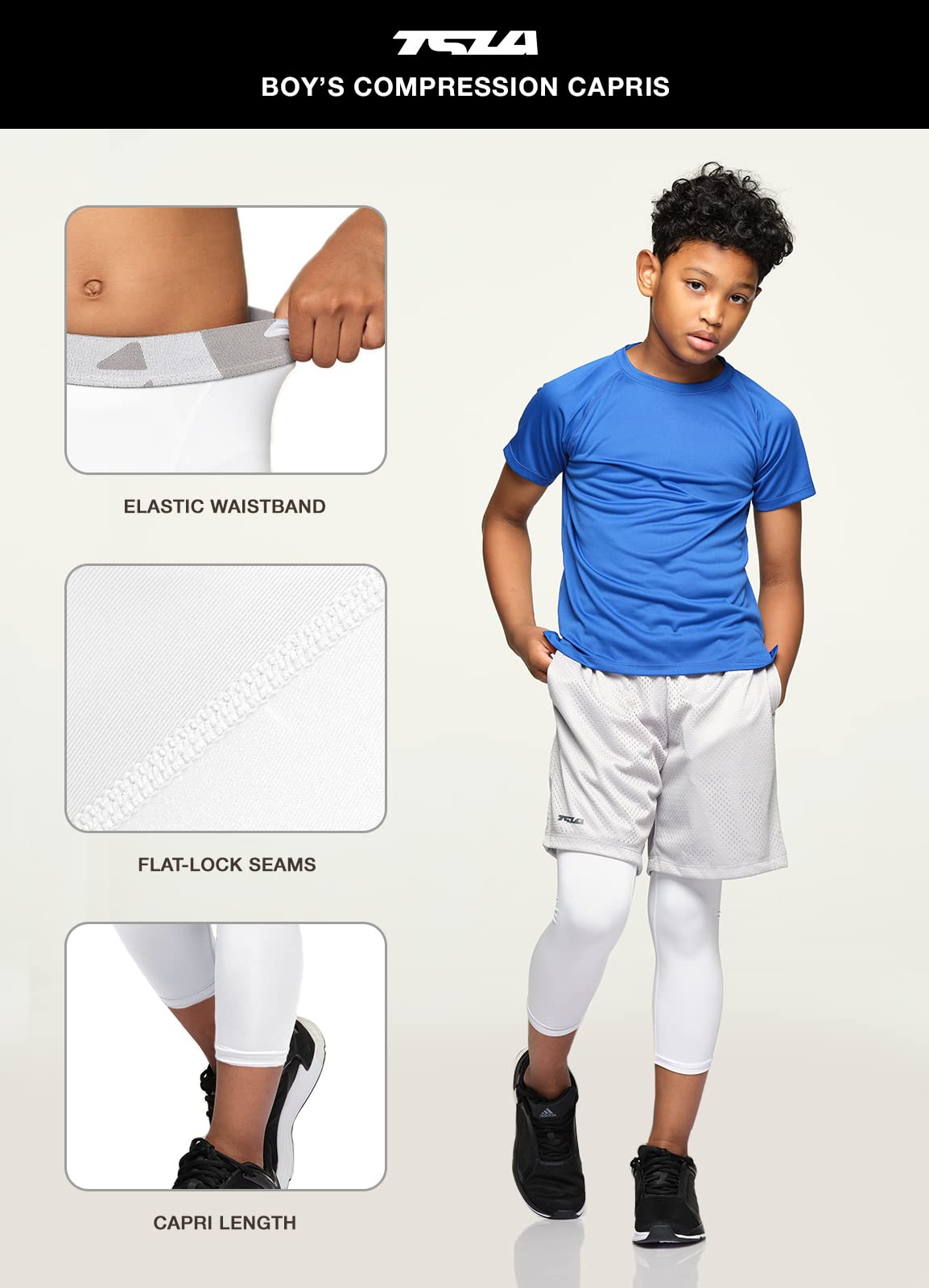 TSLA Boys Youth UPF 50+ Compression Pants Baselayer, Cool Dry Running Tights, 4-Way Stretch Workout Leggings, Capri 2Pack White/Blue, 12