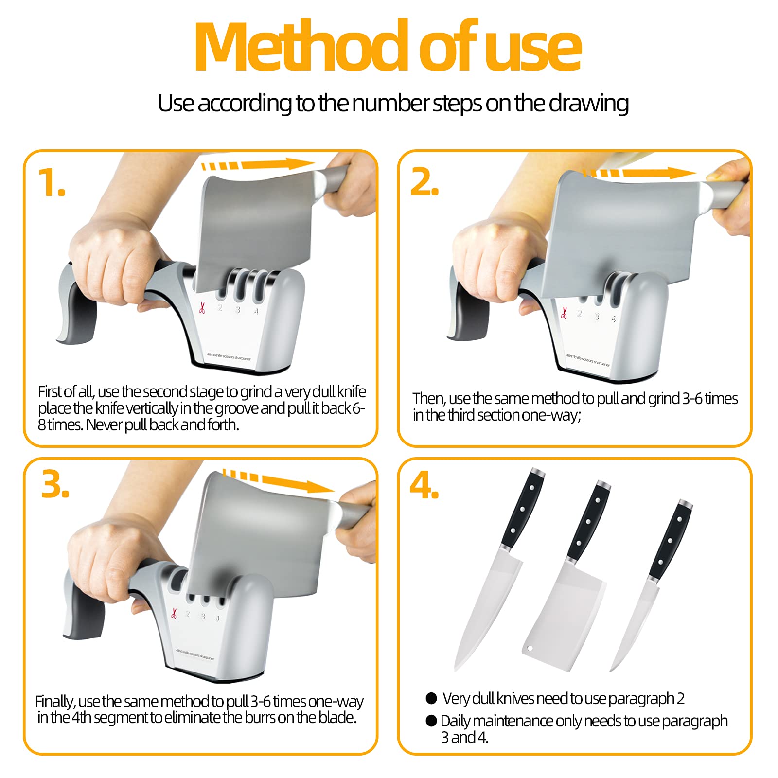 The 4-stage kitchen knife sharpener is easy to use, can sharpen scissors and steel knives quickly, and is as sharp as new after use. (gray)