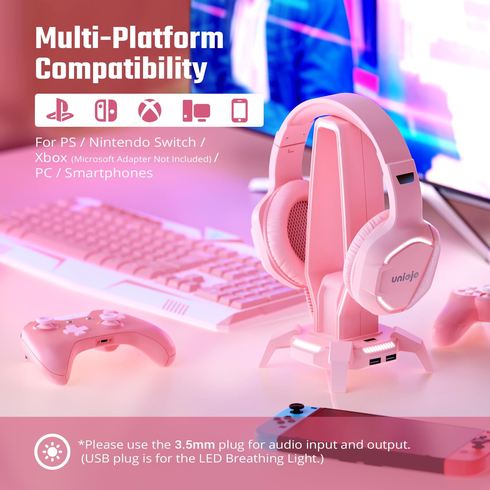 Pink Gaming Headset Noise-Canceling Mic with Stereo Surround,Wired Over-Ear Headphones with Retractable and Flexible Mic&Memory Foam Ear Pads,Removable Cat Ears,for Xbox Series, PS5, PS4, PC, Mobile.