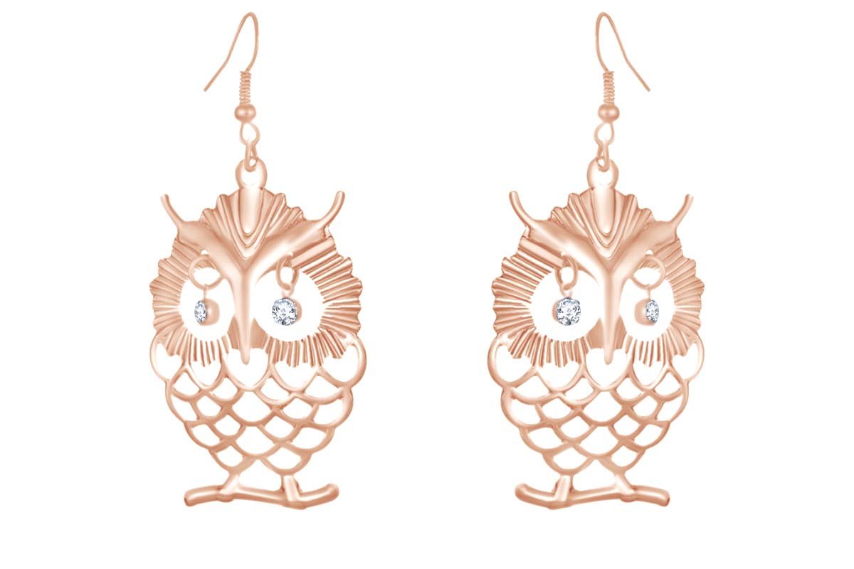 Round Shape White Cubic Zirconia Owl Dangle Earring In 14k Rose Gold Over Sterling Silver