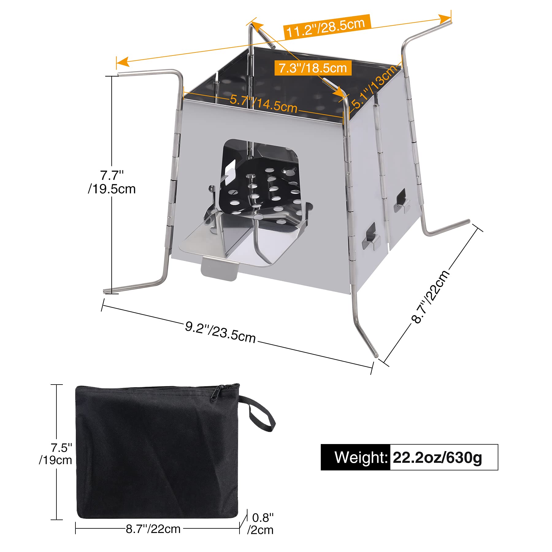 REDCAMP Wood Burning Camp Stove Portable, Folding Stainless Steel Backpacking Stove with Carry Bag for Camping, 9.2x8.7x7.7 Inch