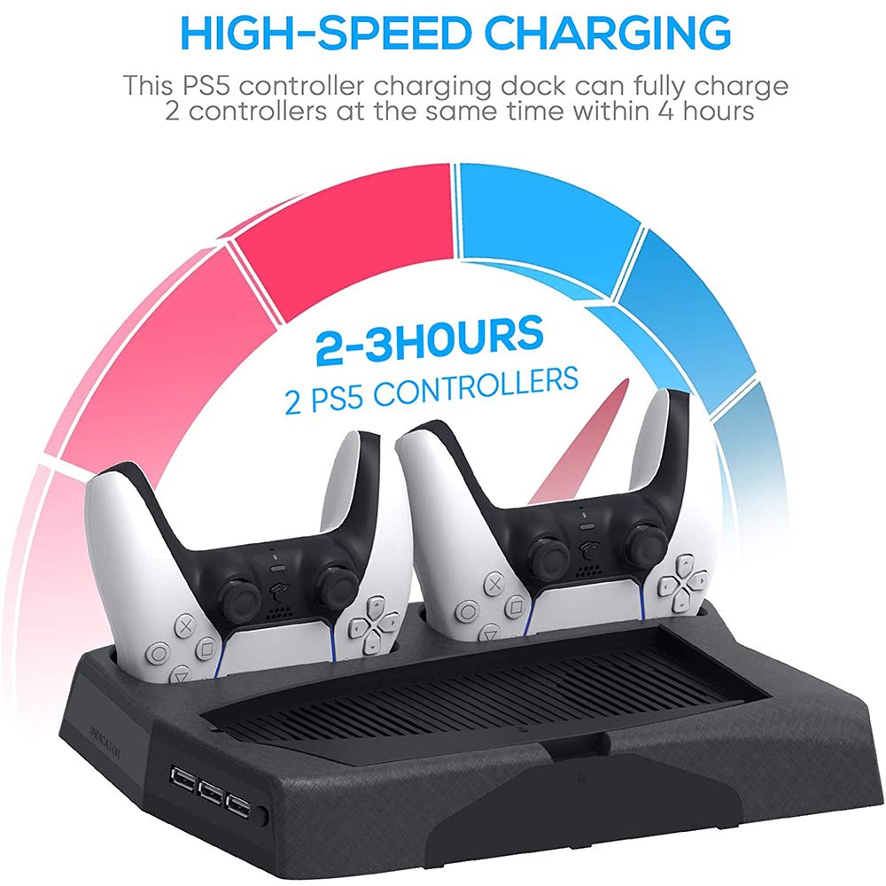 PS5 Vertical Stand Cooling Fan, Dual Controllers Charging Station, 14 Slots Game Storage and 3 Port USB Hub. The All-in-One Stand for Your PS5