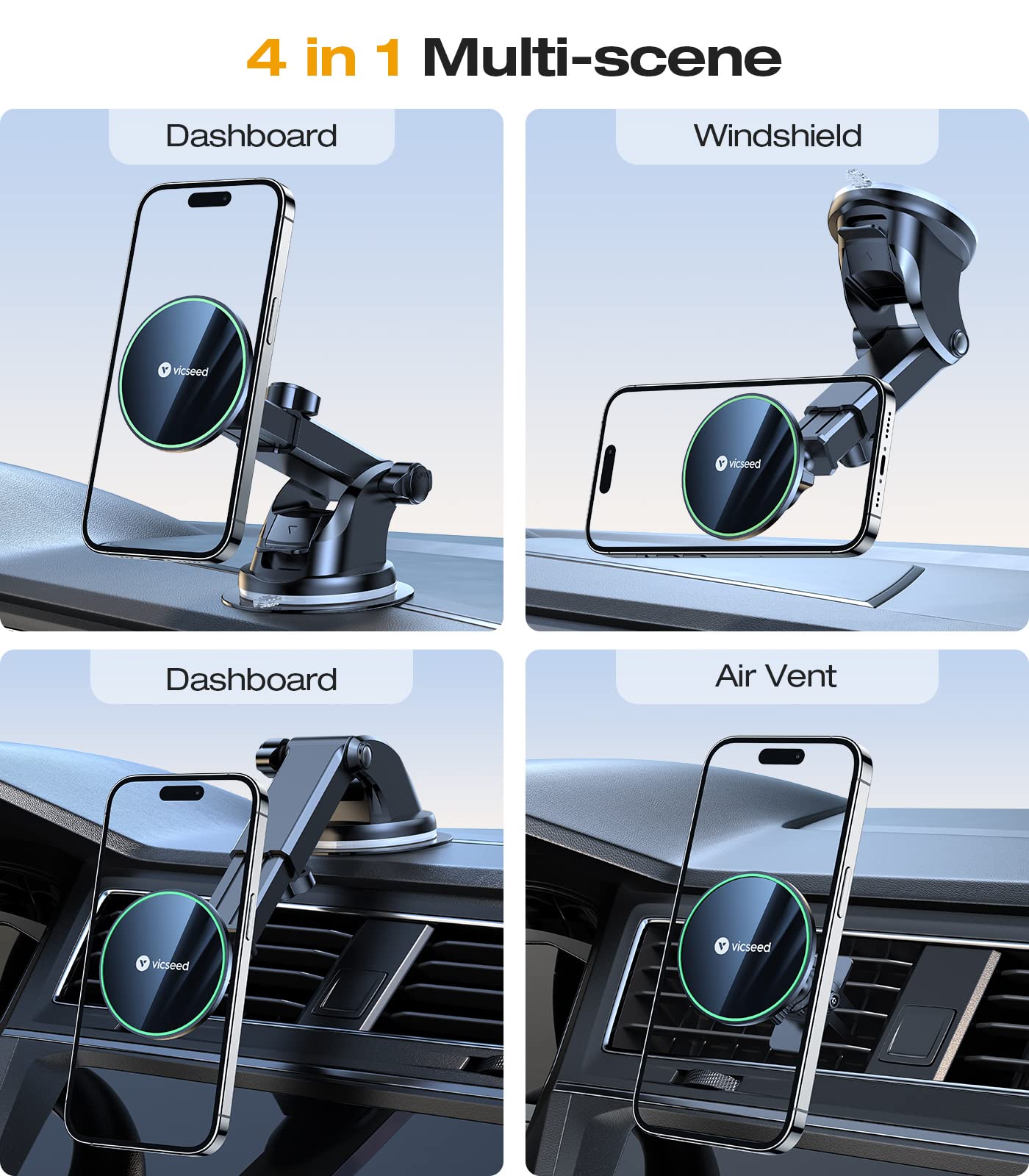 VICSEED for MagSafe Car Mount Dash - [8lbs Powerful Magnets][Long Arm Adjustable] Magnetic Phone Holder for Car Phone Mount for Car 3 in 1 Car Phone Holders for iPhone 15/14/13/12 All Phones