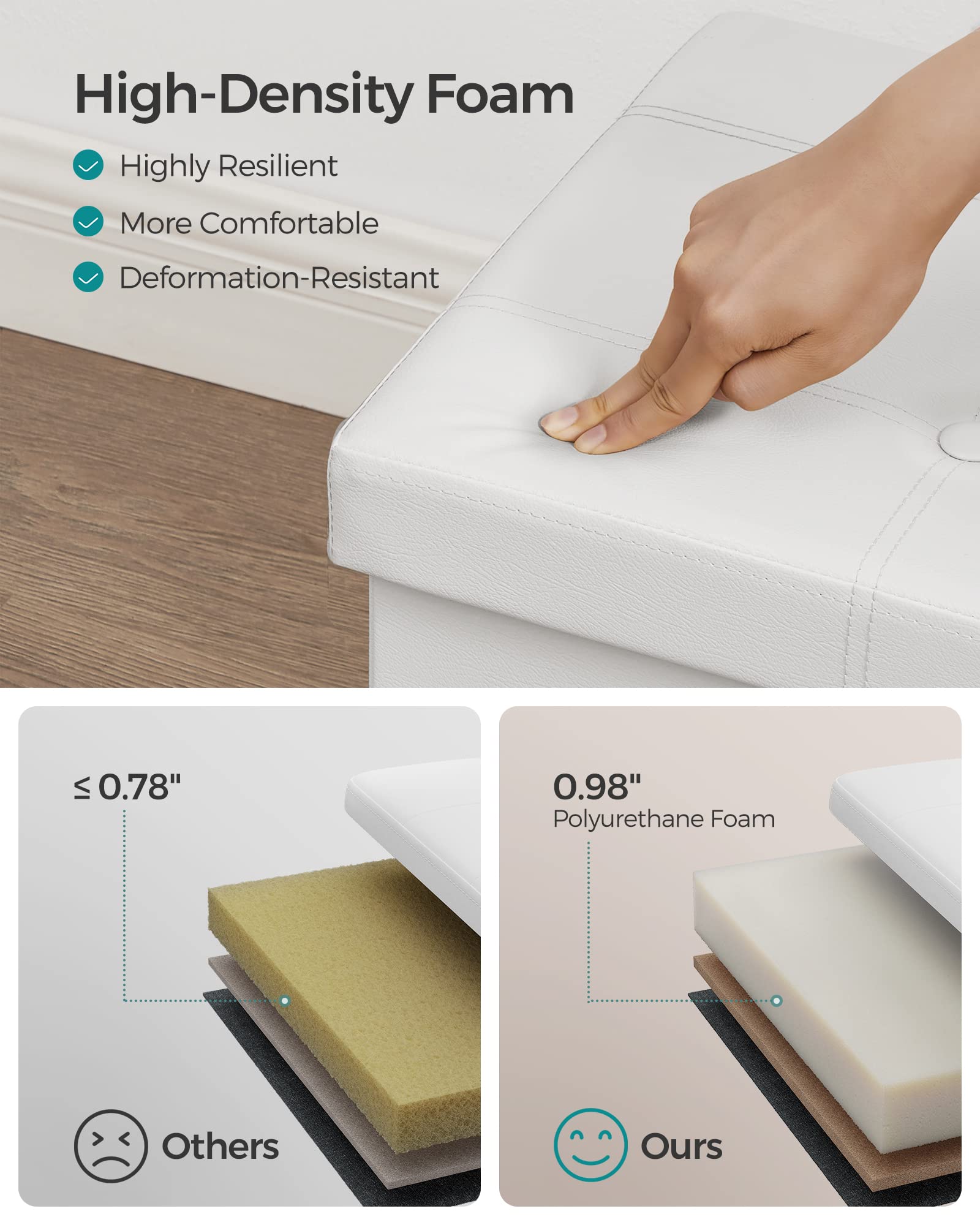 SONGMICS 30 Inches Folding Storage Ottoman Bench, Storage Chest, Footrest, Coffee Table, Padded Seat, Faux Leather, Holds up to 660 lb, White ULSF106
