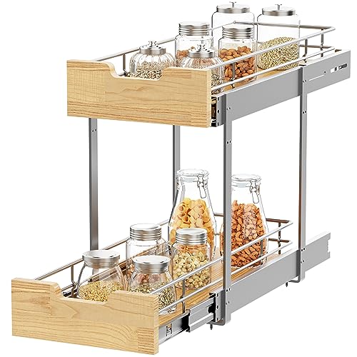 Sikarou Pull Out Cabinet Organizer,Heavy-Duty Slide Out Shelf, Wood And Wire Basket, Pull Out Drawer for for Kitchen Under Sink Space, Pantry, Bathroom, 2 Tie 14 * 21 IN