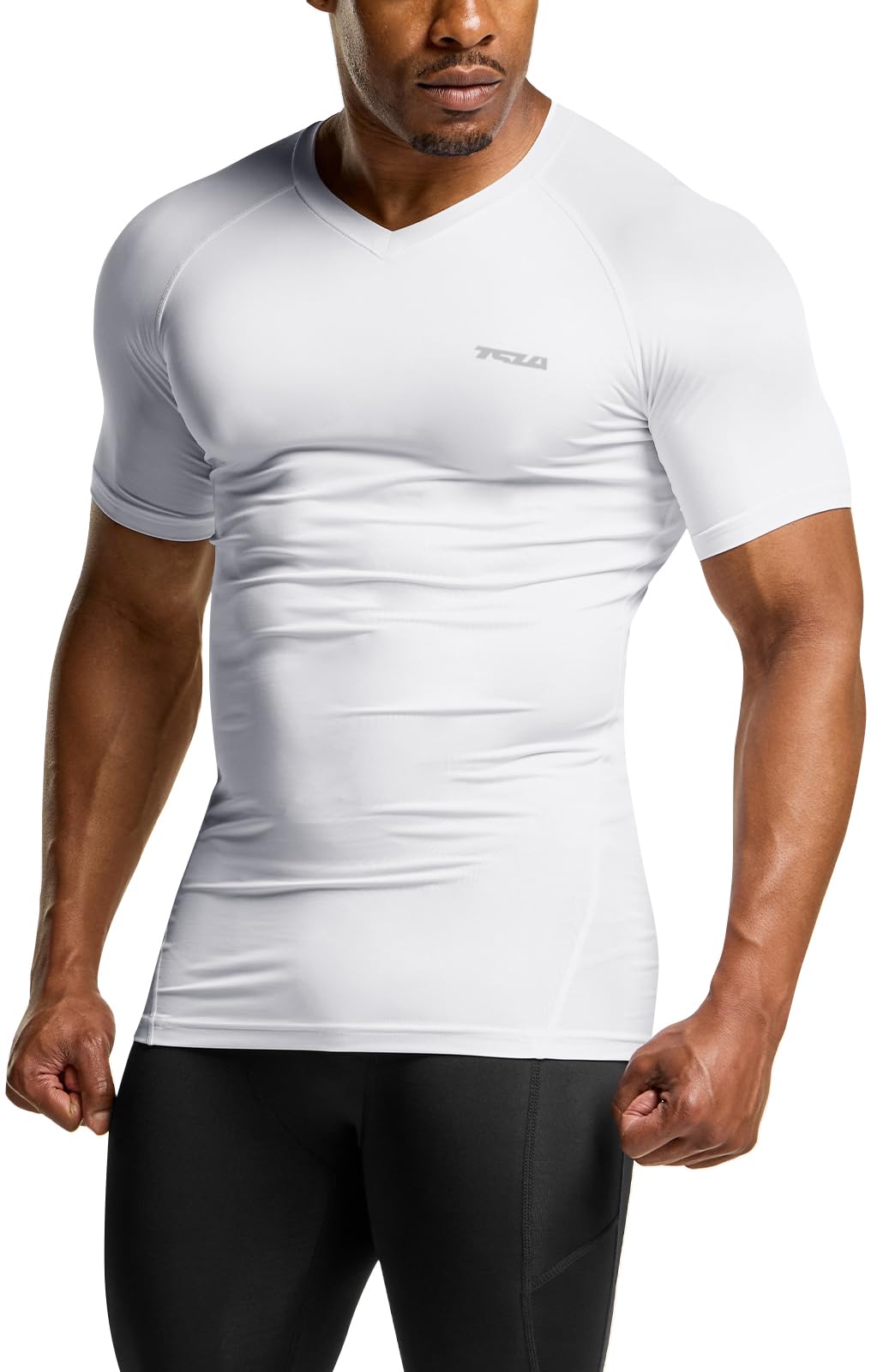 TSLA Men's Tactical Cool Dry Short Sleeve Compression Shirts, Athletic Workout Shirt, Active Outdoor Base Layer T-Shirts, V Neck Shirt White, Large