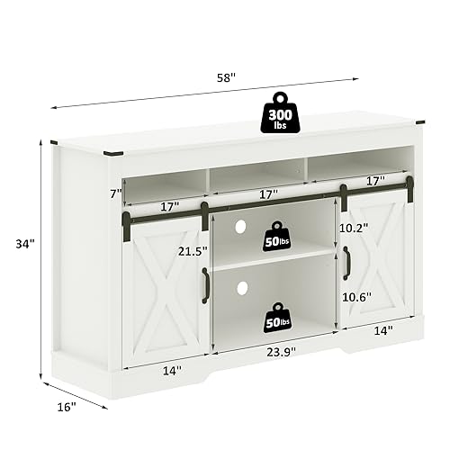 windaze Farmhouse 65+ Inch TV Stand, Entertainment Center with Sliding Barn Doors, White