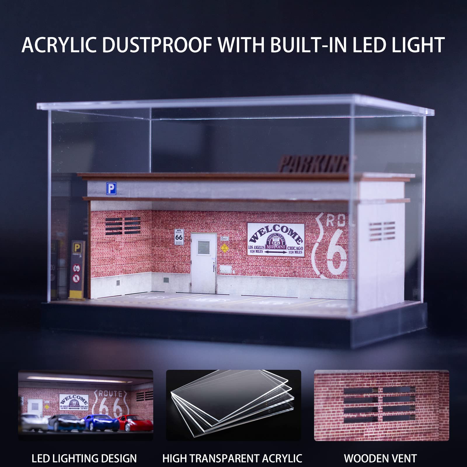 SIKIVOT 1/64 Scale Hot Wheels Display Case ,Parking Lot Model Car,Die-cast Car Garage Display Case, Hot Wheels Parking Garag,8 Parking Space with LED Light and Acrylic Cover (7641 Red Brick Wall