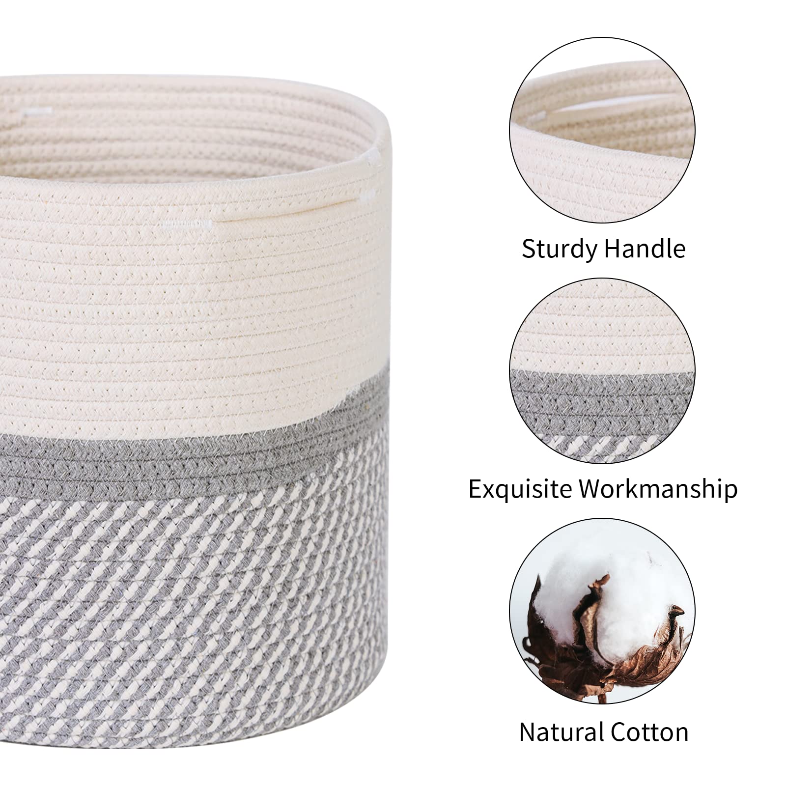 Woven Cotton Basket Sef of 3, 11x11x11in Storage Shelf Basket for Toys Clothes Books, Home Office Organization Basket, White & Grey