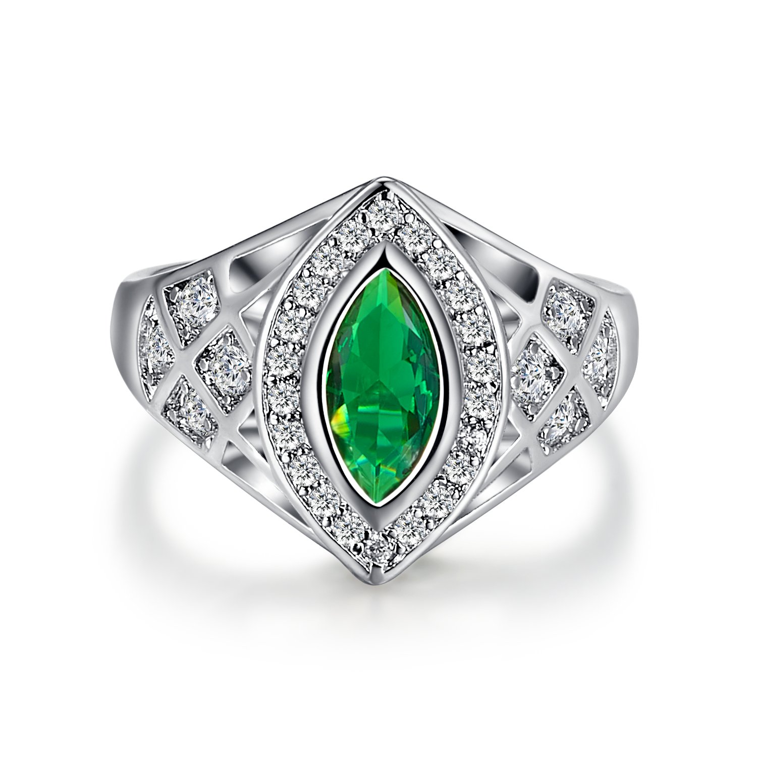 Psiroy 925 Sterling Silver Plated Marquise Cut Created Emerald Quartz Filled Ring Band for Women