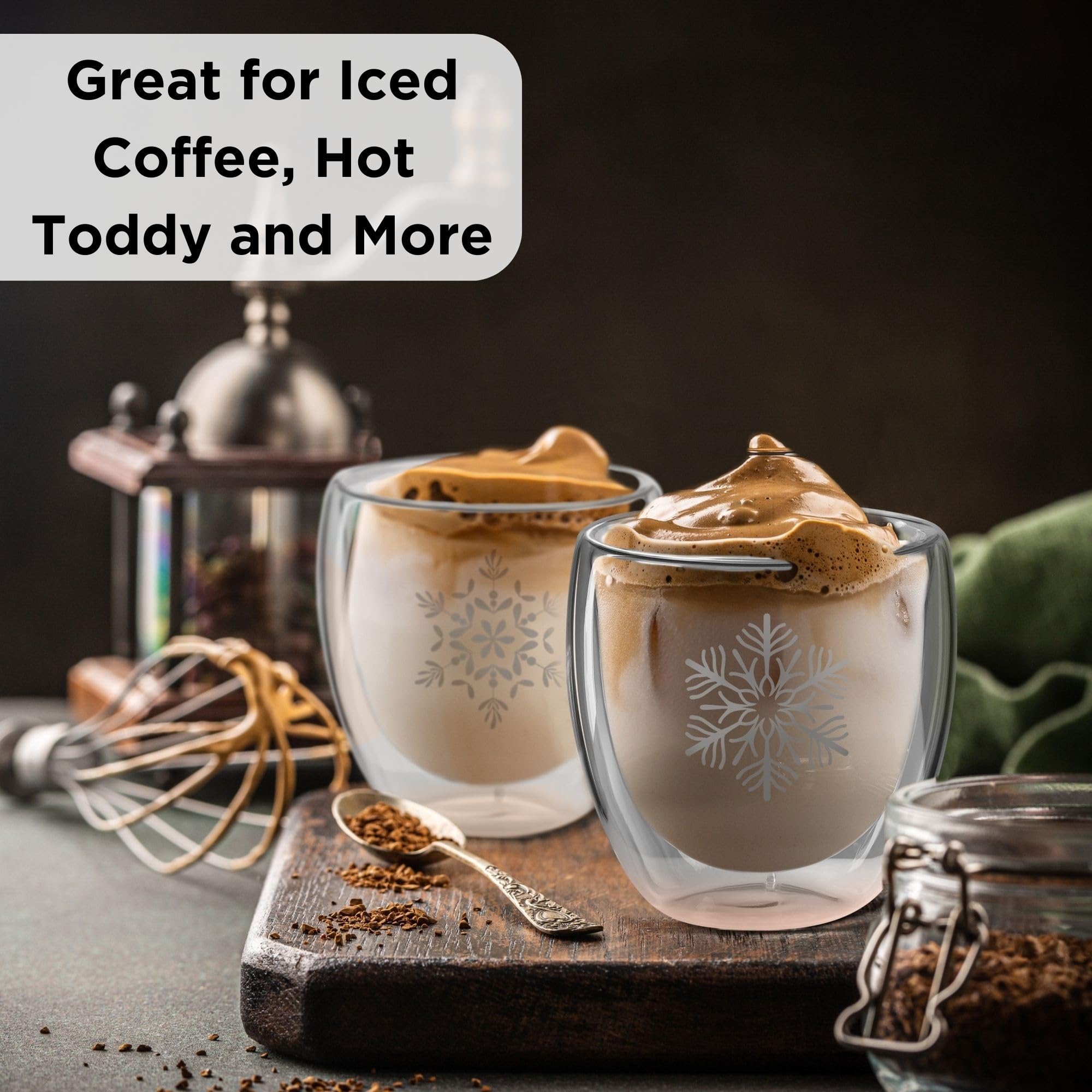 Wrenbury Mulled Wine Glasses Snowflake 7.7oz - Set of 4 Hot Toddy Mugs - Boroscilicate Double Walled Glasses - Insulated for Winter Christmas Drinks - Gluhwein Egg Nog Cups