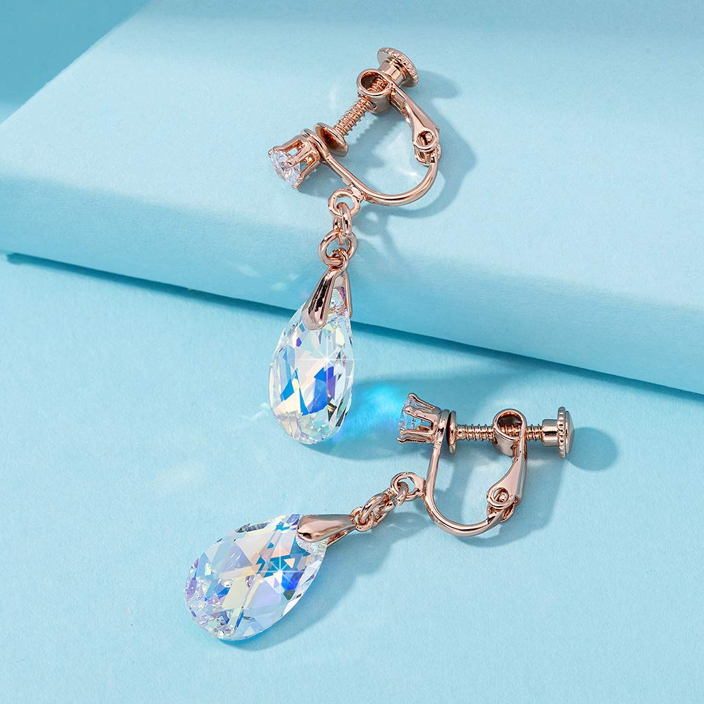 Teardrop Austrian Crystal Drop Clip On Dangle Earrings for Women Non Pierced 14K Rose Gold Plated Hypoallergenic Jewelry (Aurora Borealis)