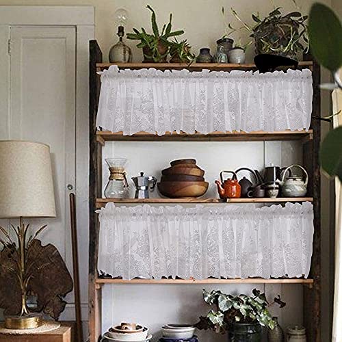 Popuid Seim Sheer Kitchen Cafe Window Curtains Valance Lace Floral Embroidered Curtain Topper for Small Windows Decor (White, 1 Piece-54W*24H)