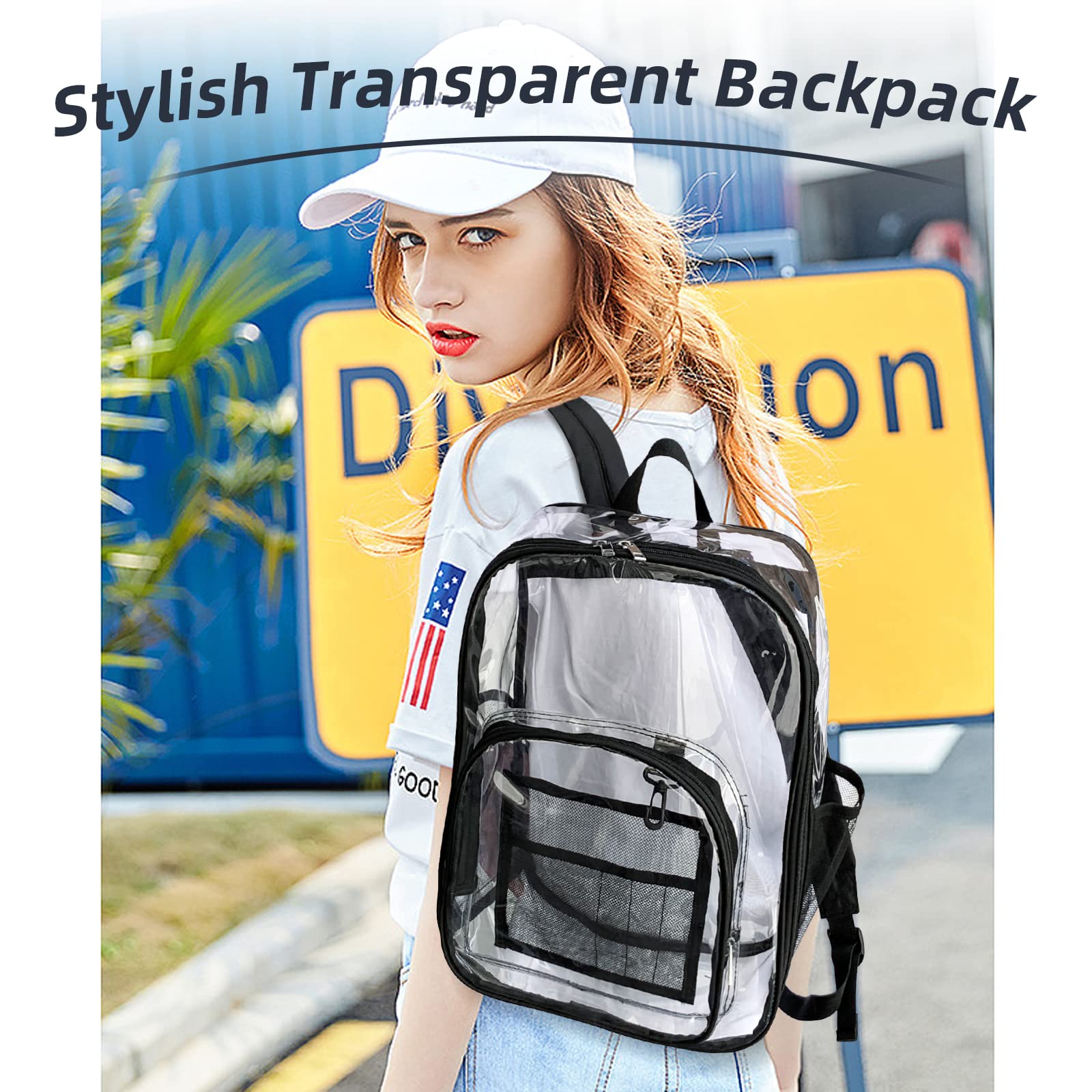 WQSS AOEIU Clear Backpacks for School Heavy Duty Clear Backpack Stadium Approved Transparent Backpack See Through Plastic Bookbag for Kids Boy Girls (Black)