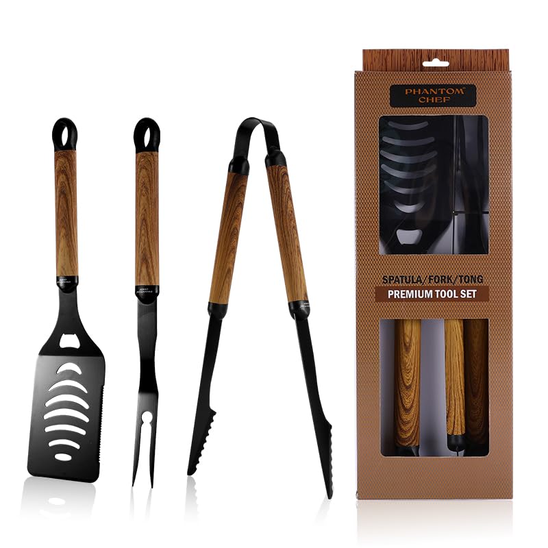 Phantom Chef BBQ Tool Set | Grill Accessories for BBQ | Stainless Steel Grilling Utensils | Indoor & Outdoor Fork, Spatula, Locking Tongs | Kitchen & Camping Griddle Tool | Easy to Clean | 3 Pieces