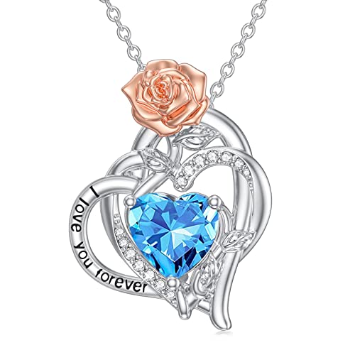 TOUPOP Christmas Gifts for Women Heart Necklaces for Women Sterling Silver Rose Heart Pendant Necklace with March Birthstone Aquamarine Birthday Christmas Jewelry Gifts for Women Girls Mom Friends