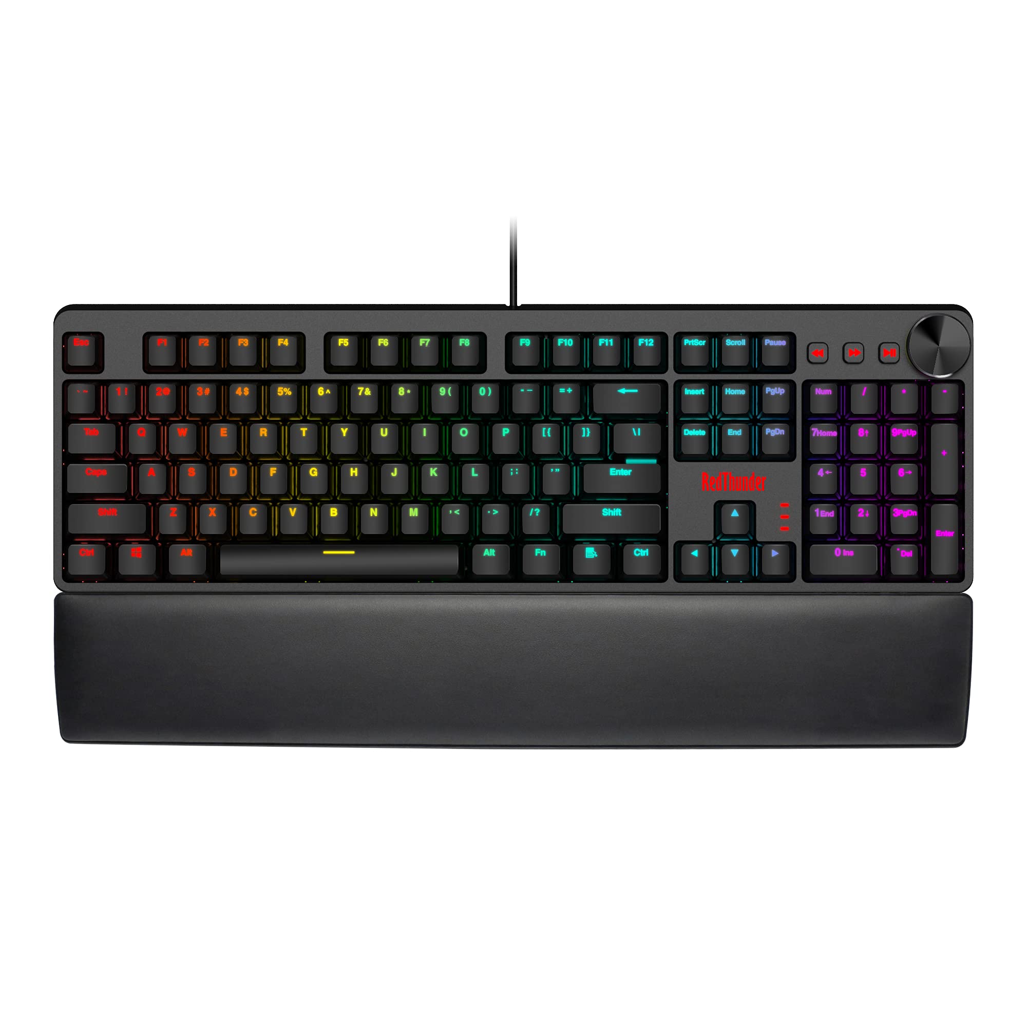 RedThunder K55 Mechanical Gaming Keyboard, Quiet Red Switch, Chroma RGB Lighting, Soft Leather Wrist-Rest, Standard Full Size Wired Keyboard with Dedicated Media Keys & Dial for PC