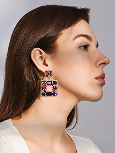 Rhinestone Square Dangle Earrings For Women Sparkly Crystal Geometric Drop Statement Earrings Juran Green Collection (Black)