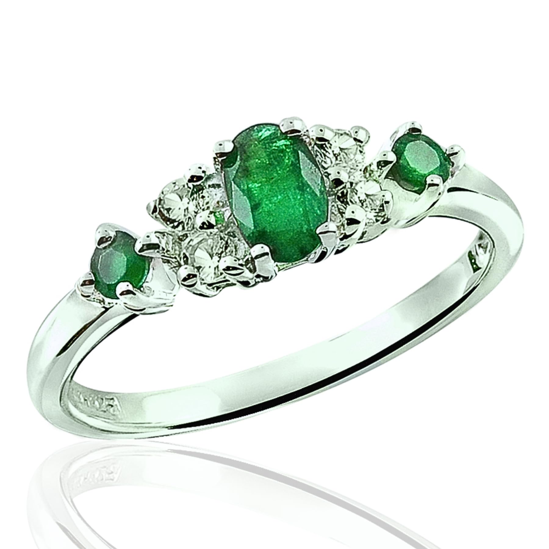 RB Gems Sterling Silver 925 Dainty Band Ring Genuine Gems Oval 5x3 mm, 0.54 ctw Rhodium-Plated Finish (Emerald, 8)