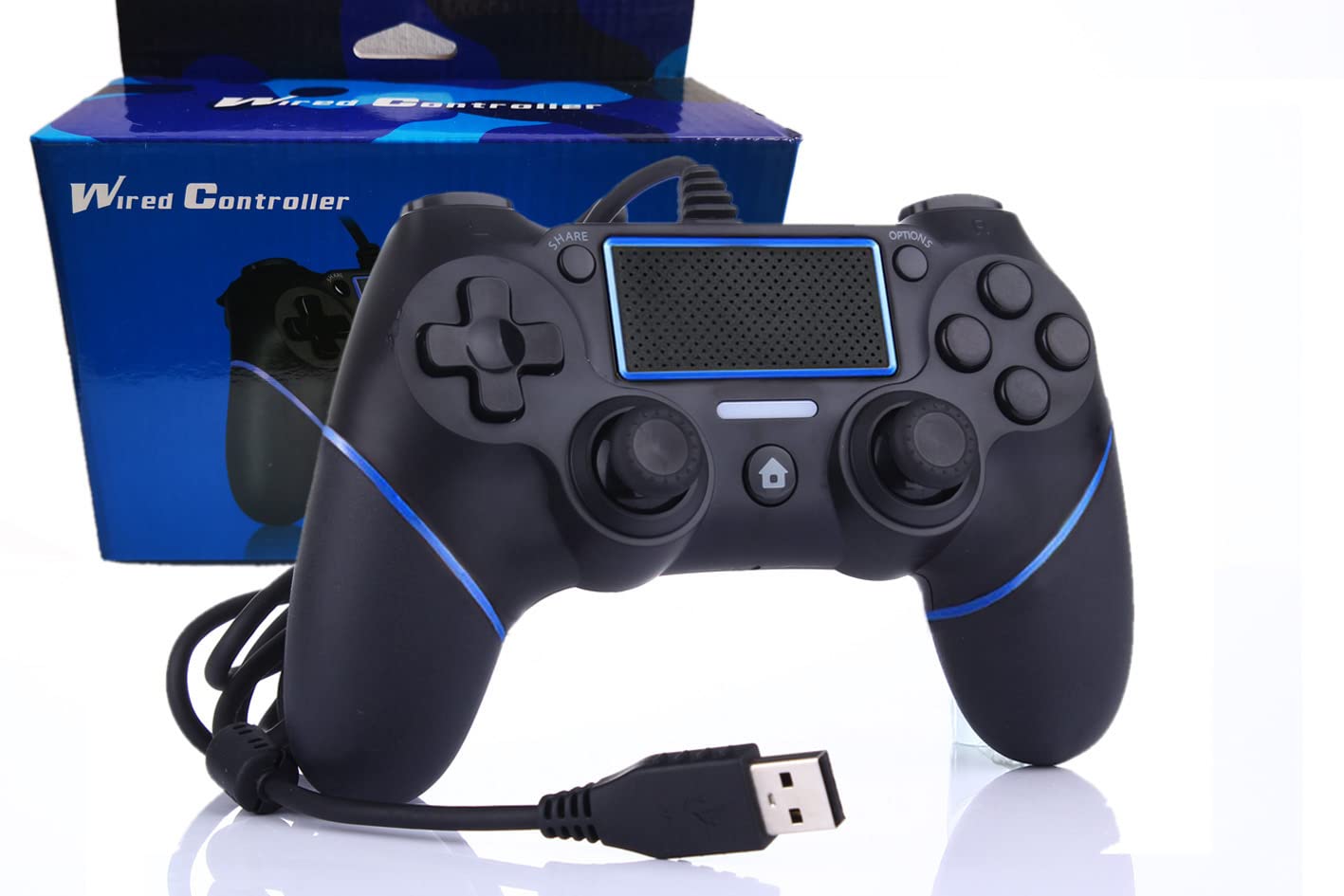 Wintek Inone PS-4 Wired Controller for PS-4/Pro/Slim/PC/Laptop, USB Plug Gamepad Joystick with Dual Vibration and Anti-Slip Grip, Professional USB PS-4 Wired Gamepad（Black & Blue）
