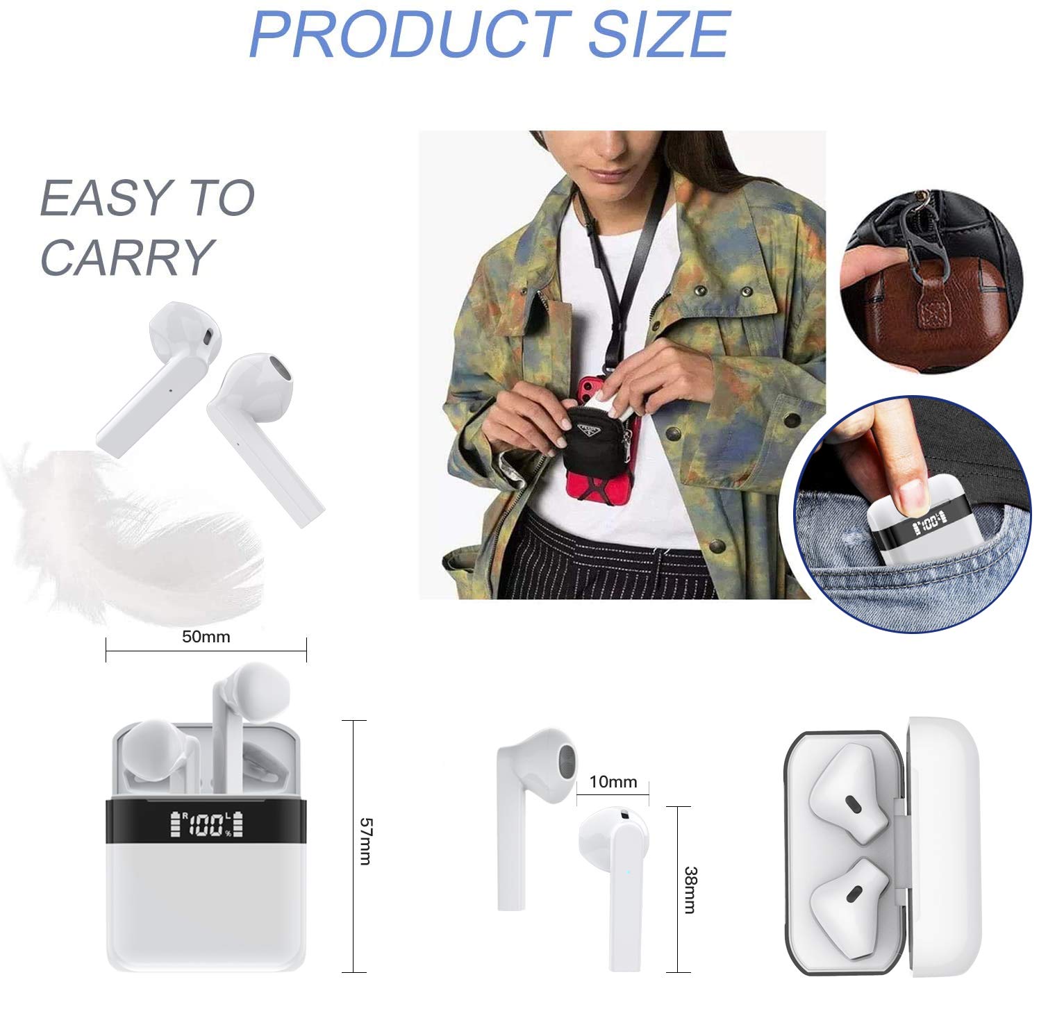 Wireless Earbuds Bluetooth 5.0 Headphones with Digital Intelligence LED Display Charging Case, 35Hrs Playtime Stereo Sound, IPX5 Waterproof, Headsets with Built-in Microphone for Sports, Work, Home