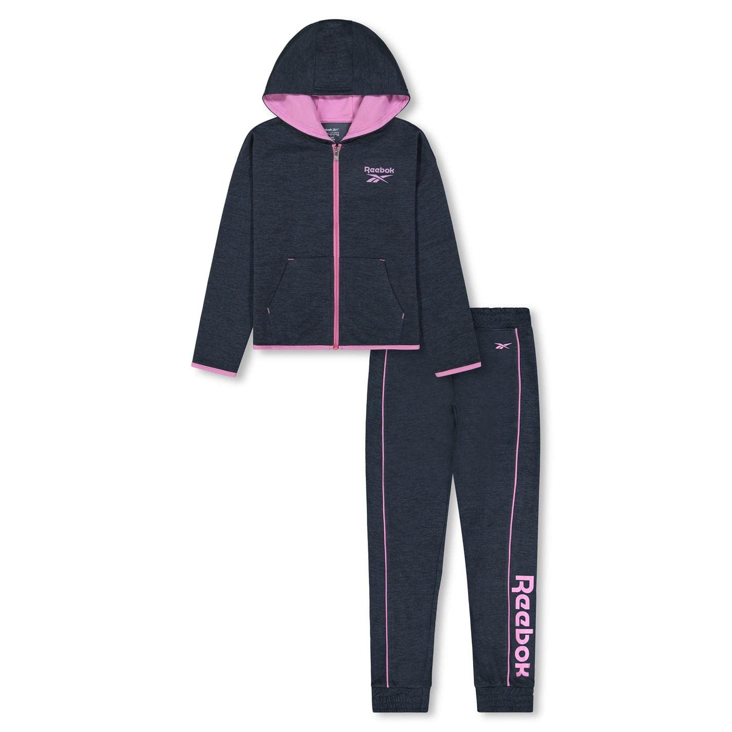 Reebok Girls' 2-Piece Activewear Tracksuit Clothing Set-Hoodie Jacket + Performance Joggers, Charcoal, S(7)