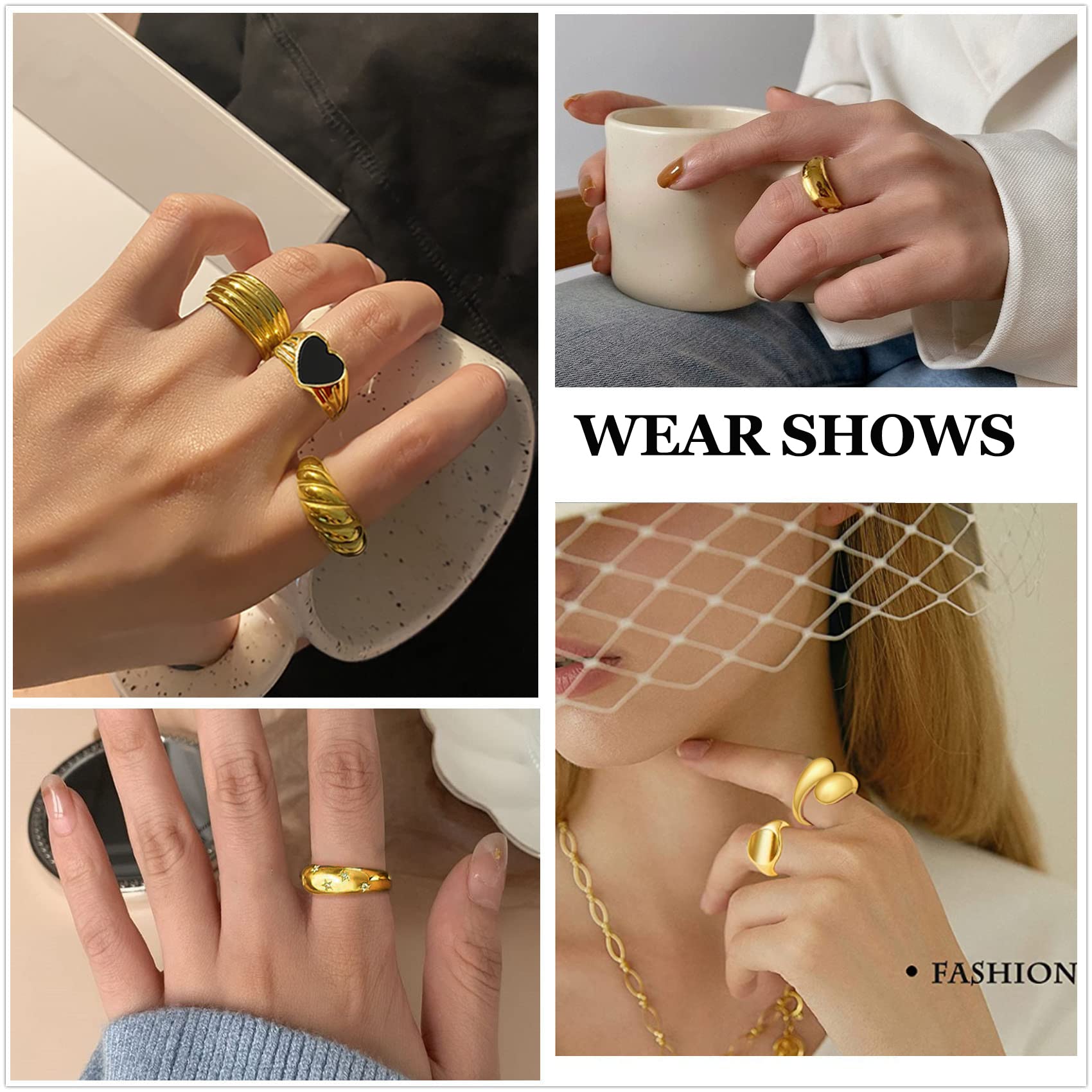 WFYOU 8PCS 18K Gold Plated Chunky Rings for Women Thick Dome Chunky Gold Ring Set Croissant Signet Minimalist Statement Ring Jewelry Size 5-9