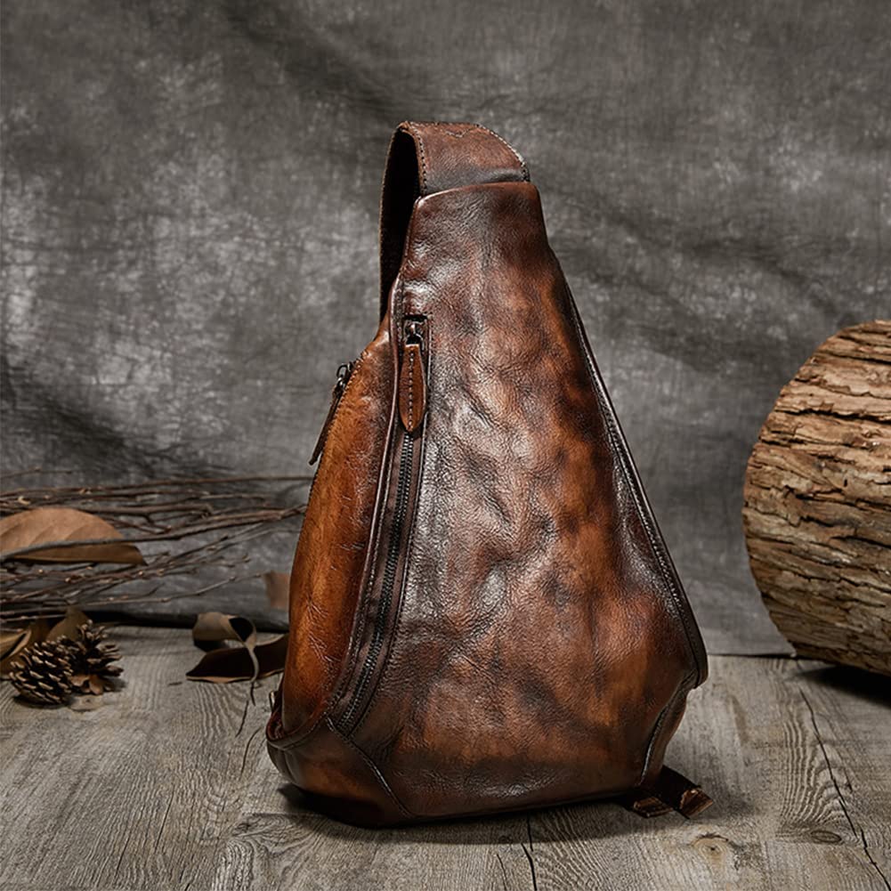 Segater Genuine Leather Sling Bag for Women Men Vintage Handmade Chest Backpack Casual Crossbody Daypack Shoulder Satchel Coffee