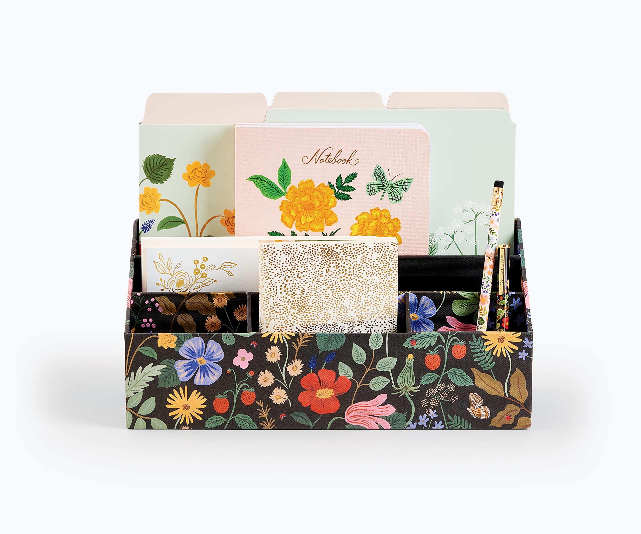 Rifle Paper Wrapped Desk Strawberry Fields Bundle with Desk Organizer, Magazine Holder, Letter Tray, Pencil Cup, and Writing Pen. Features Full Color Illustrations of Strawberry Fields Print.