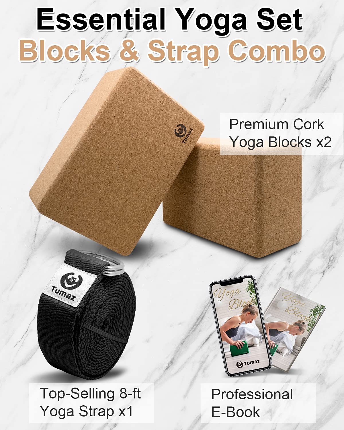 Tumaz Yoga Blocks 2 Pack with Strap Set, High Density/Lightweight EVA Foam Yoga Blocks or Non-Slip Solid Natural Cork Yoga Blocks Set & Premium Yoga Brick for All Yogi [E-Book Included]