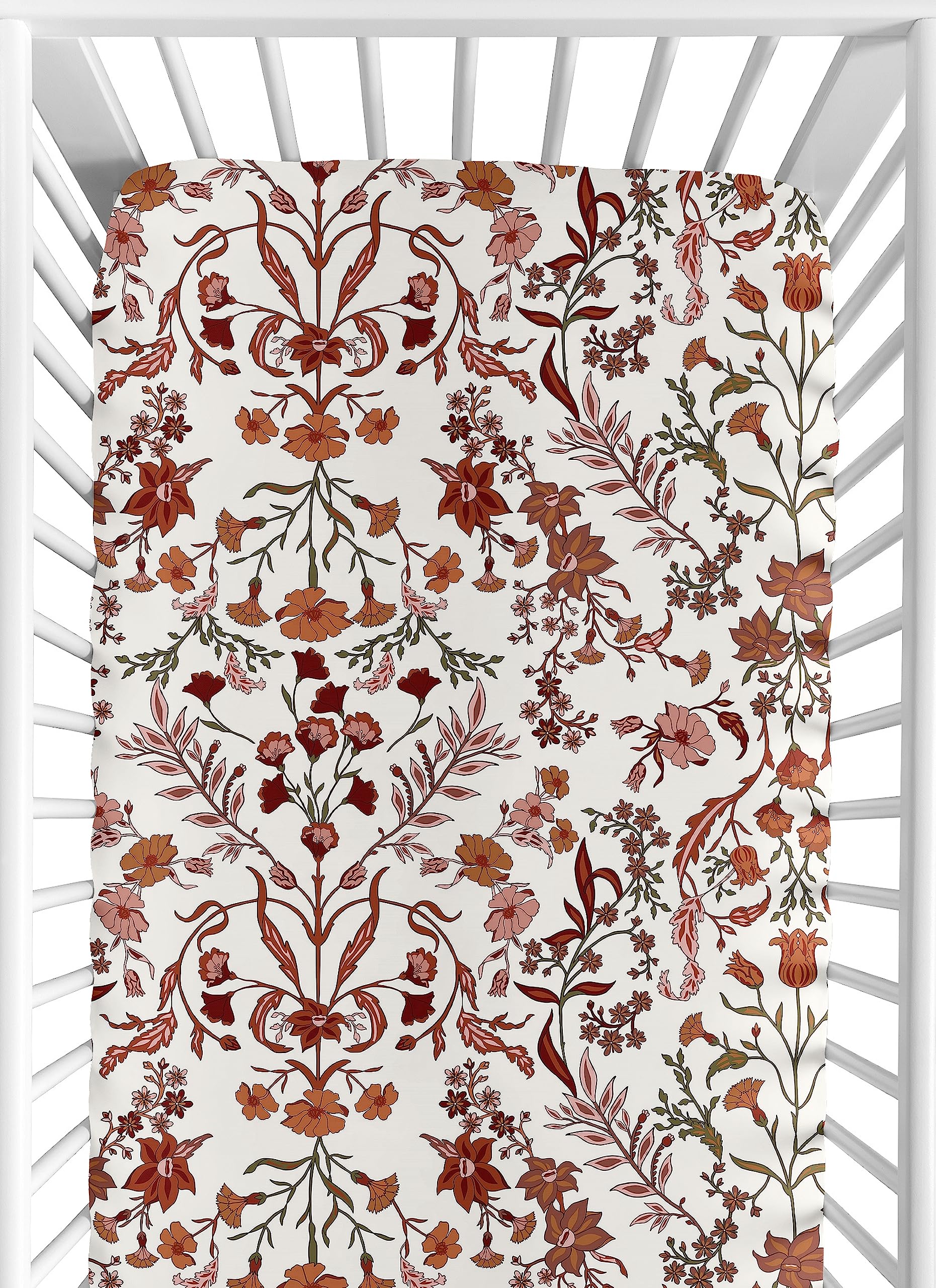 Sweet Jojo Designs Ivory and Orange Boho Vintage Floral Girl Baby Fitted Crib Sheet Infant Newborn Nursery Toddler Bed Room Standard Mattress Bohemian Rust Leaves Botanical Flower Green Fringe Tassel