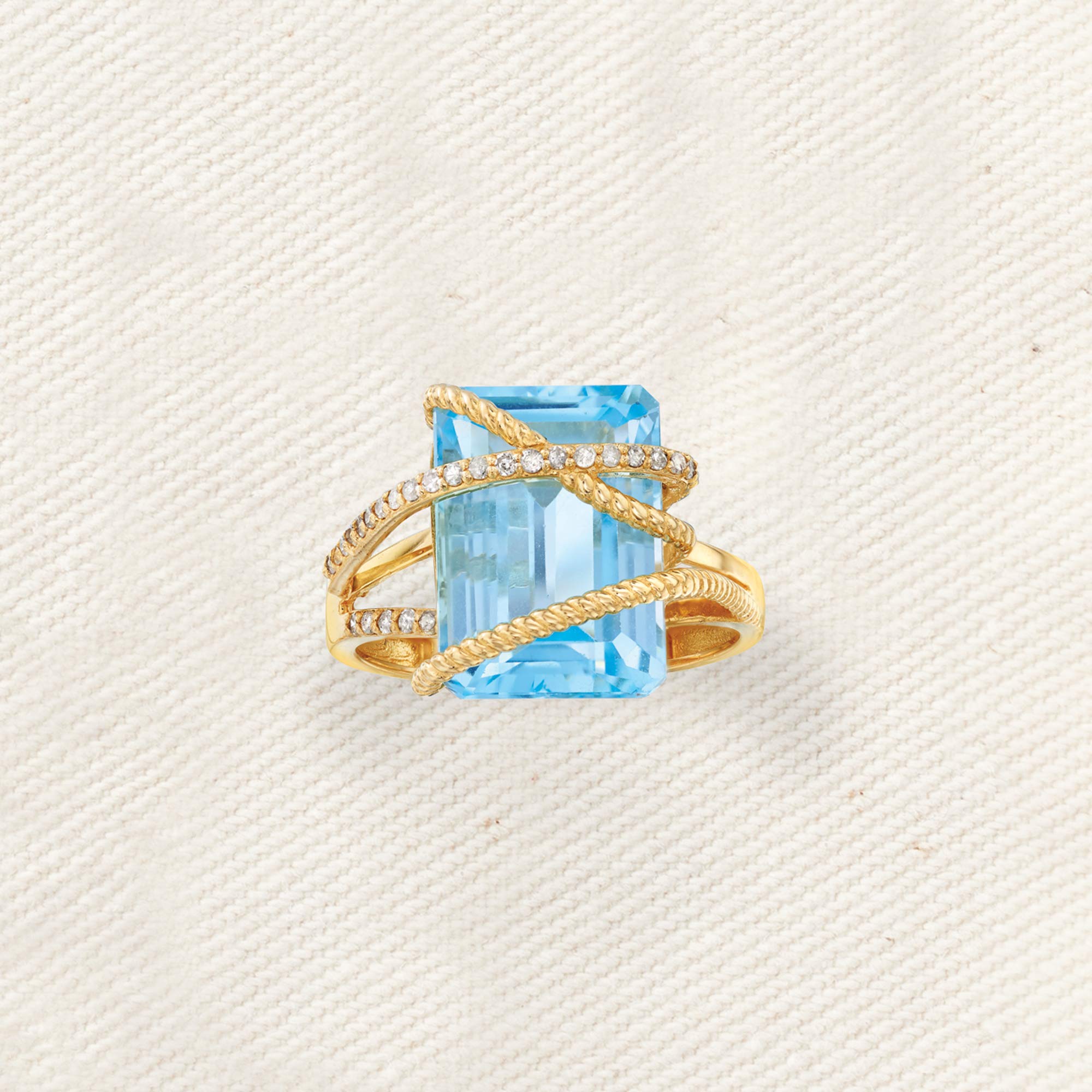 Ross-Simons 9.25 Carat Sky Blue Topaz and .15 ct. t.w. Diamond Crisscross Ring in 14kt Yellow Gold. Size 7