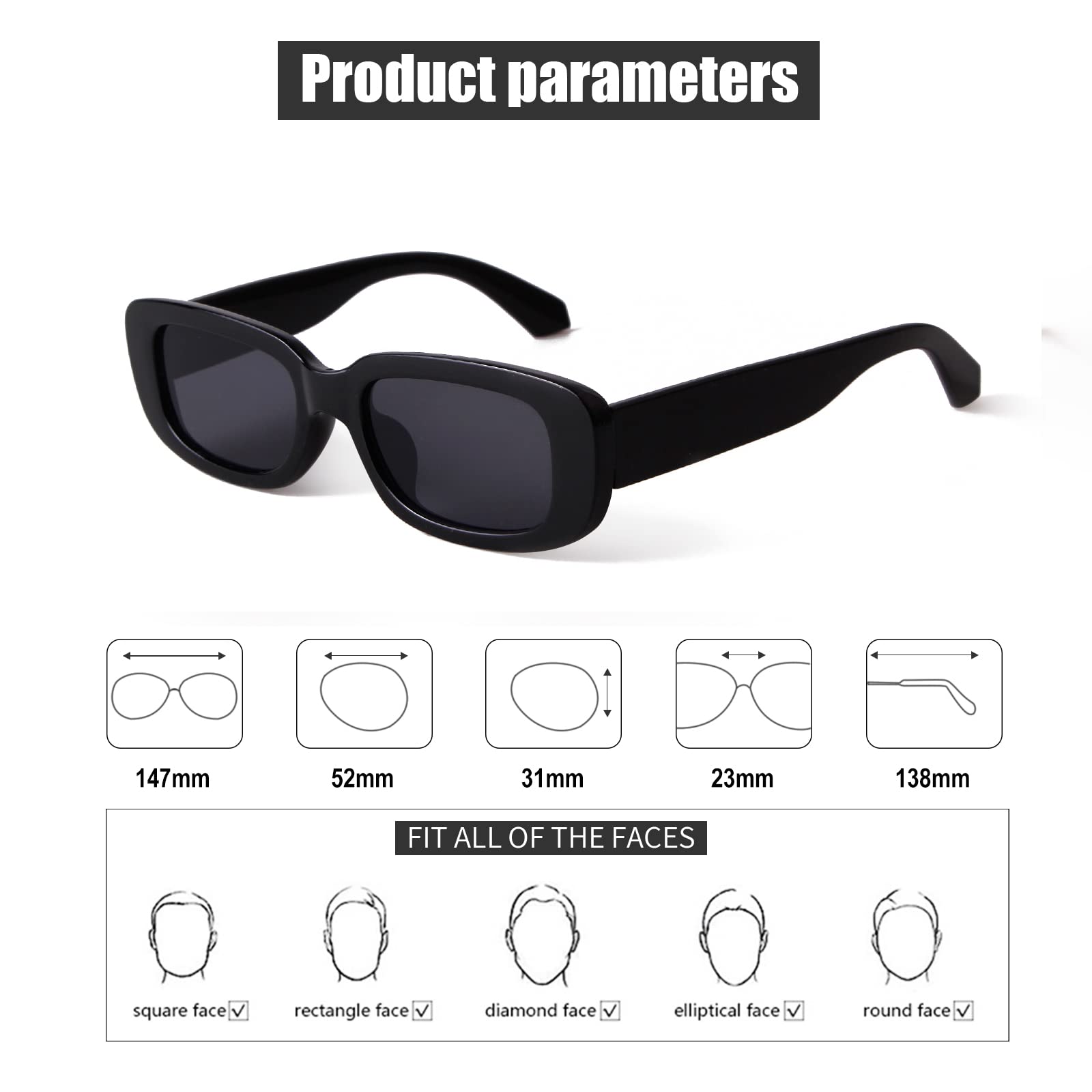 SORVINO Rectangle Sunglasses for Women Men 90s Vintage Retro Sunglasses Square Frame Black Frame/Grey Lens