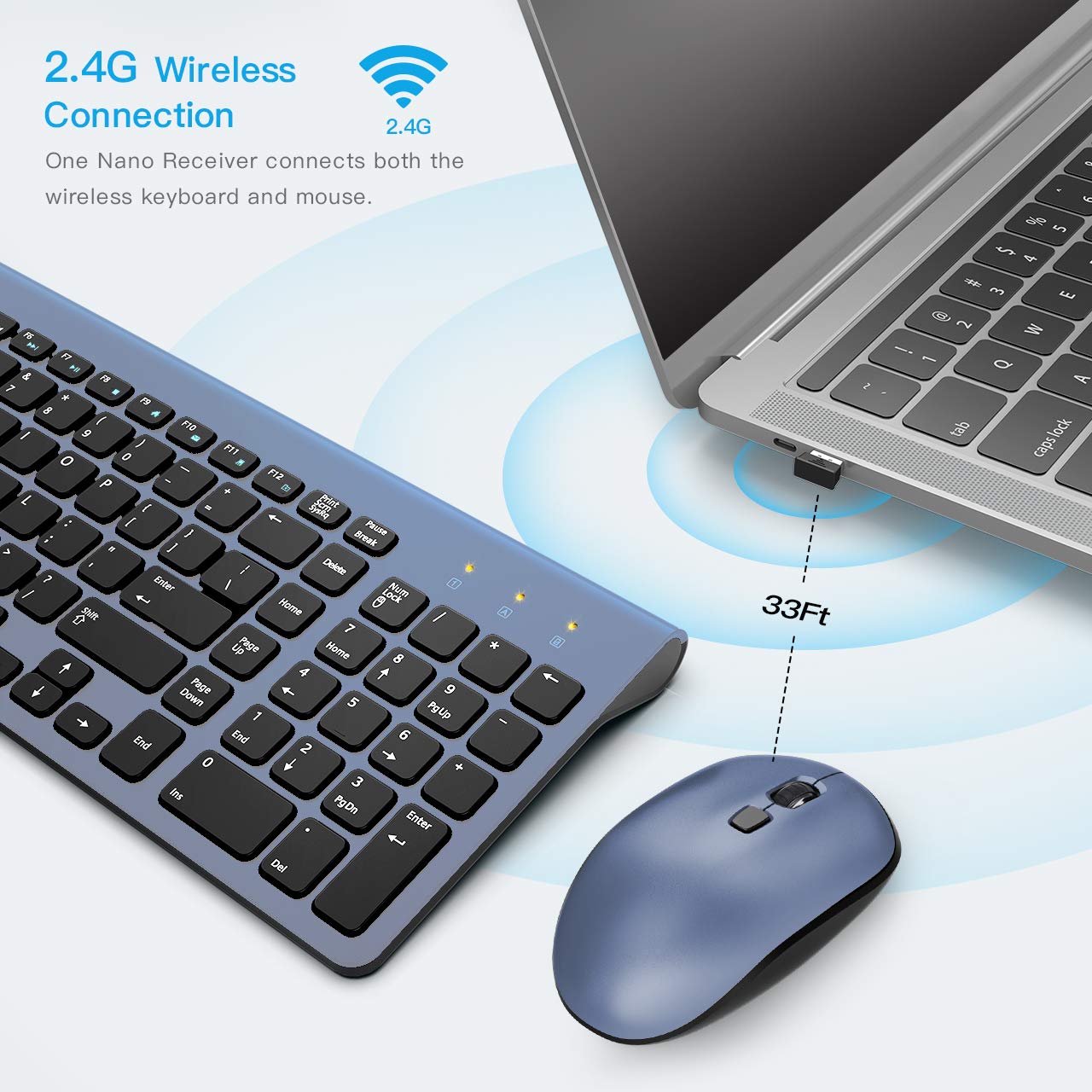Wireless Keyboard and Mouse Combo, Energy Saving, Silent Slim Quick 2.4GHz Cordless USB Keyboard Mouse Set with Number Pad Independent On/Off Switch for PC Laptop Windows Mac (Black and Blue)