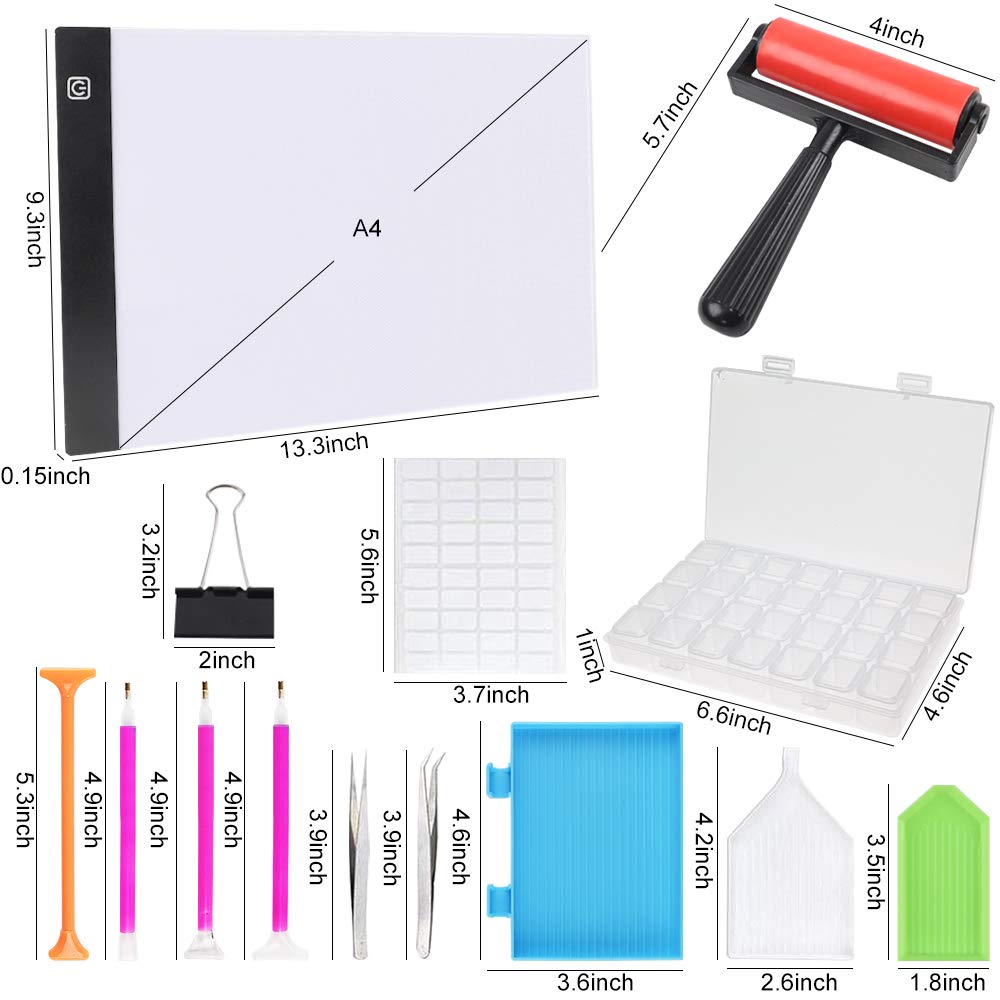 SGHUO Diamond Painting A4 LED Light Box and Tools Set, with A4 LED Light Pad, Stand Holder, Clips, Diamond Painting Roller, Diamond Painting Boxes and Diamond Painting Tools, 37pcs