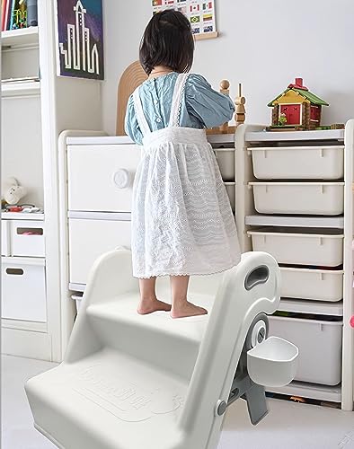 VEMJO Folding Step Stools for Kids Boys and Girls Adjustable Toddler Step Stool for Bathroom Sink 2 Step Ladder Toilet Foldable Step Stool with Handles and Non-Slip Pads (White Colour)