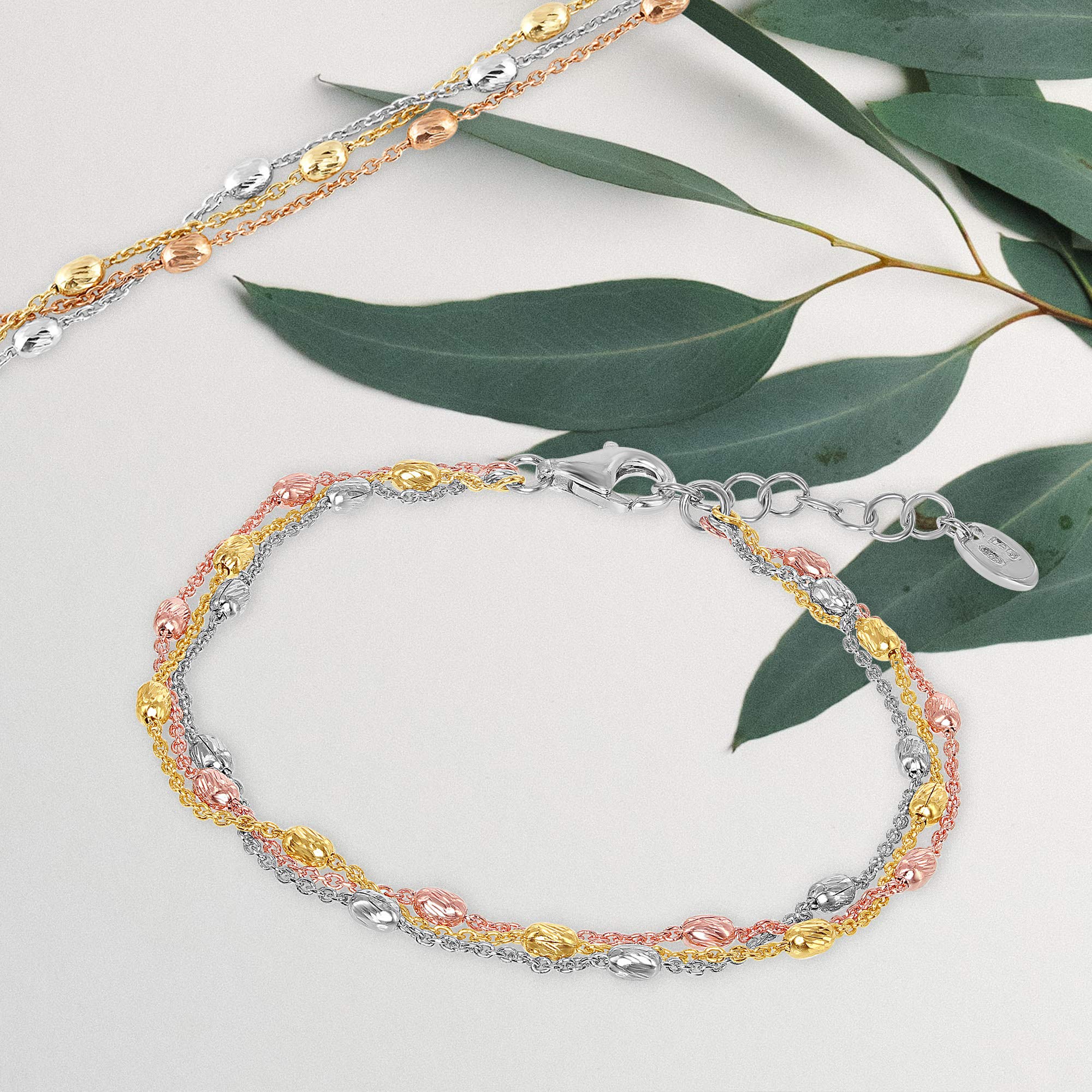 Sterling Silver Italian Tri-Color Triple Strand Oval Beaded 7+1" Bracelet Jewelry for Women or Teens