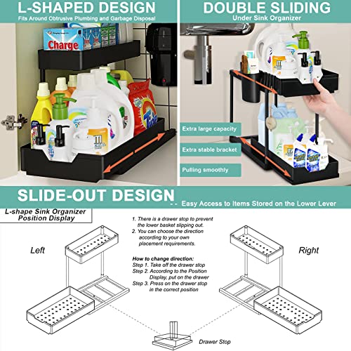 Under Sink Organizers and Storage 2 Pack, Sliding Under Kitchen Sink Storage 2 Tier Bathroom Cabinet Organizer with 8 Hooks & 2 Hanging Cups Multi-Use Under Sink Shelf for Kitchen Bathroom, Black