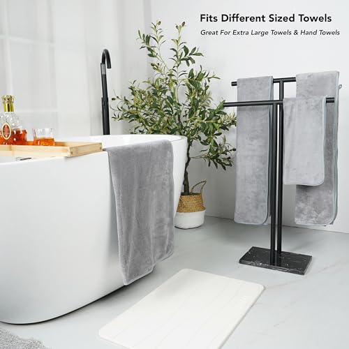 WISATO - Free Standing Towel Rack for Bathroom - Stand Alone 2 Tier Stainless Steel Towel Rack for Bathroom Floor with Heavy Marble Base & Matte Black Finish - Double T Shape Drying Stand for Towels