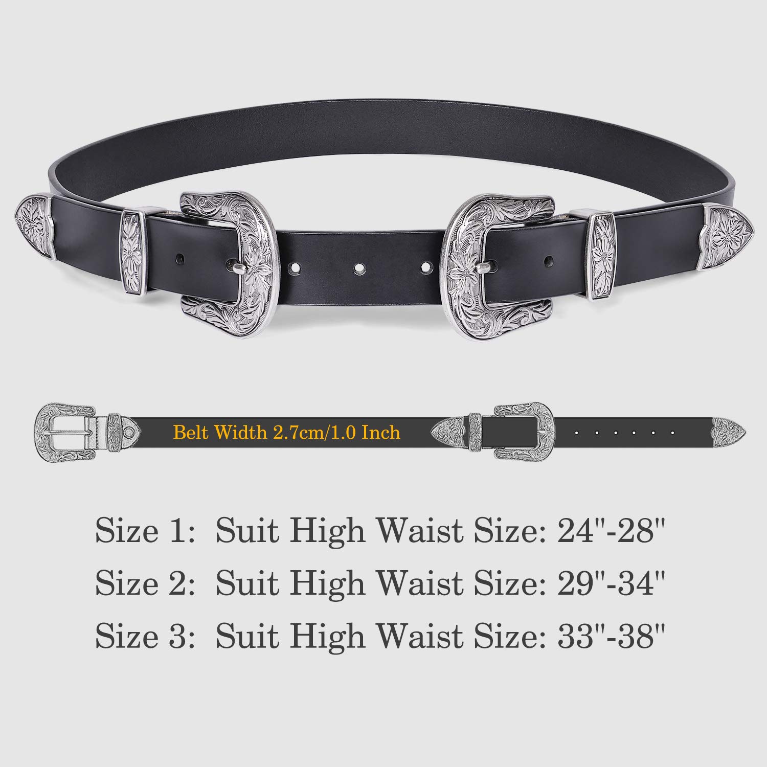 SUOSDEY Western Belts for Women Black Leather Belts for Jeans Dresses with Retro Double Buckle