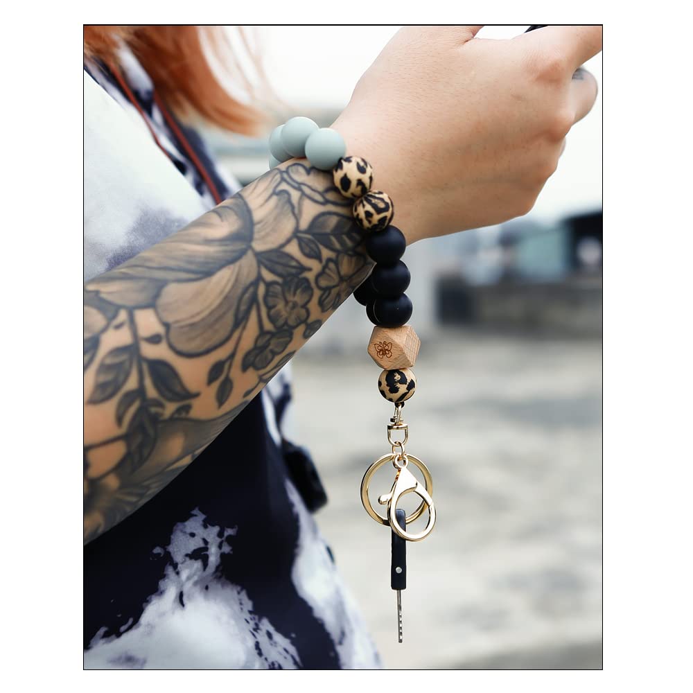 Wristlet Keychain Bracelet Silicone Beaded Key Ring Bracelet with Wooden bead Bangle Car Key Chains(Leopard Black)