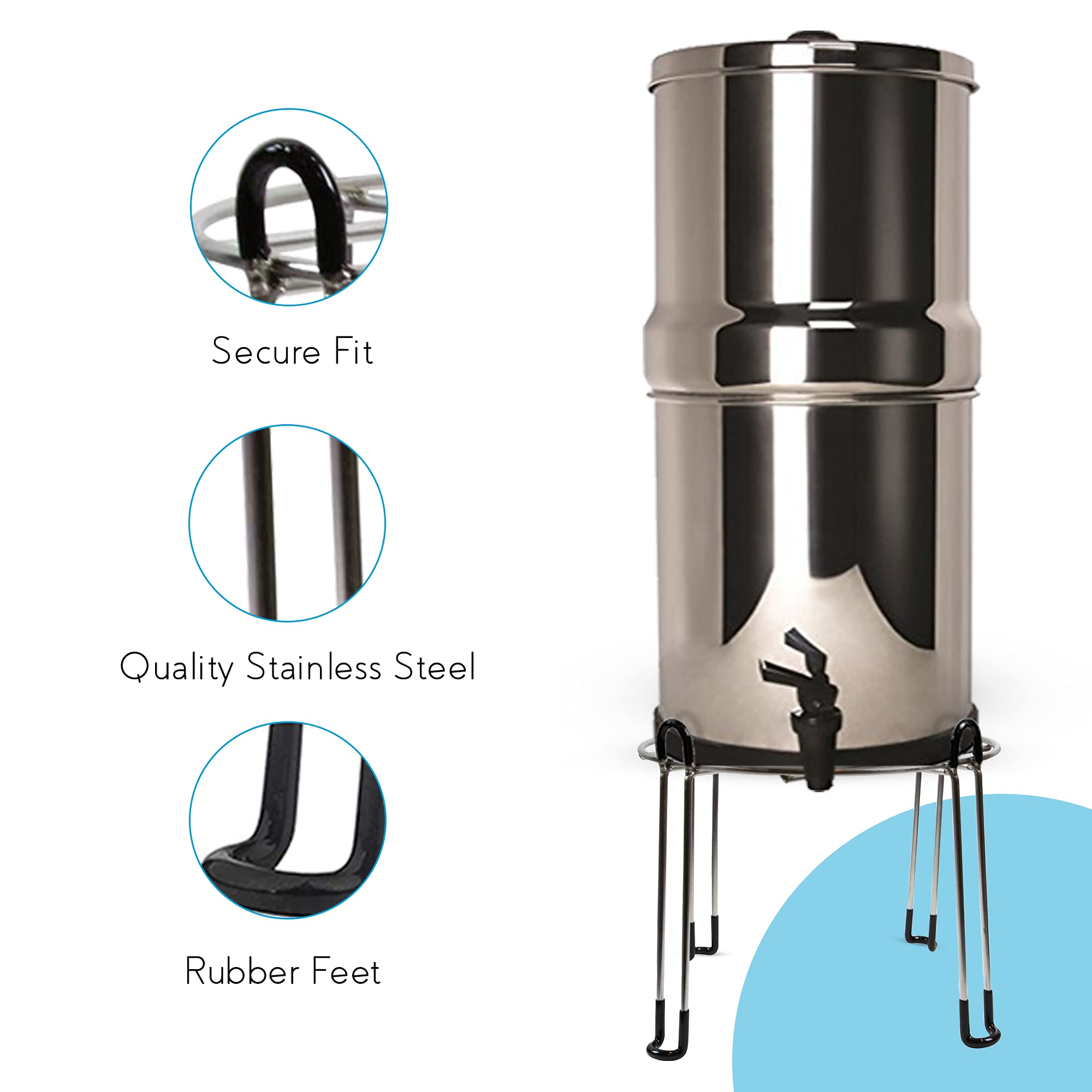 Stainless Steel Stand with Rubberized Feet and Sides, 10” Top Diameter and Tall Enough to Get a Glass Underneath at 7.5”, Taller than Competitors, Works for All Brands of Gravity Fed Water Filters