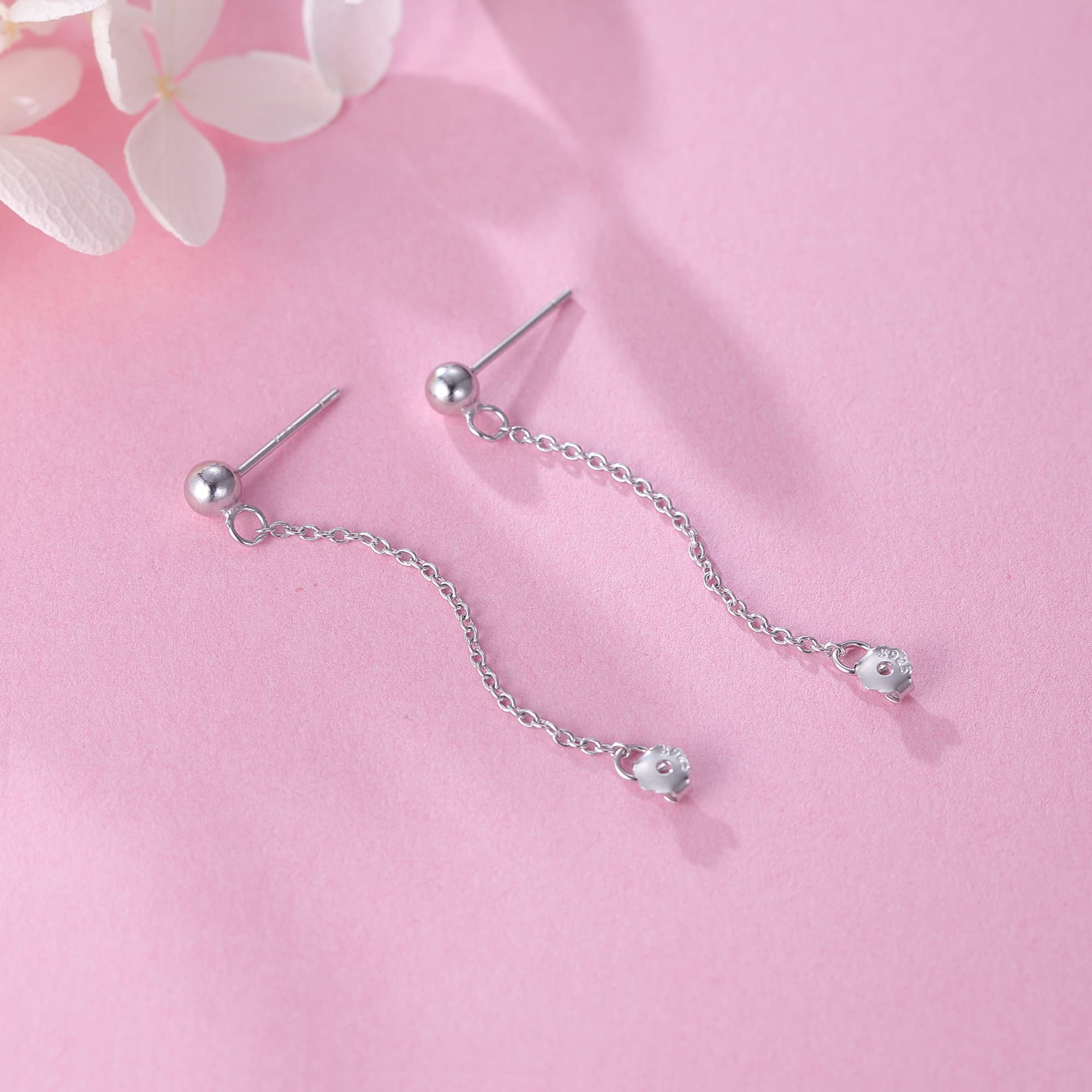 Reffeer Minimalist Ball Earrings with Chain Dangle Earrings for Women Teens Girls Dangle Earrings Studs Cute Solid 925 Sterling Silver Earrings(Silver)