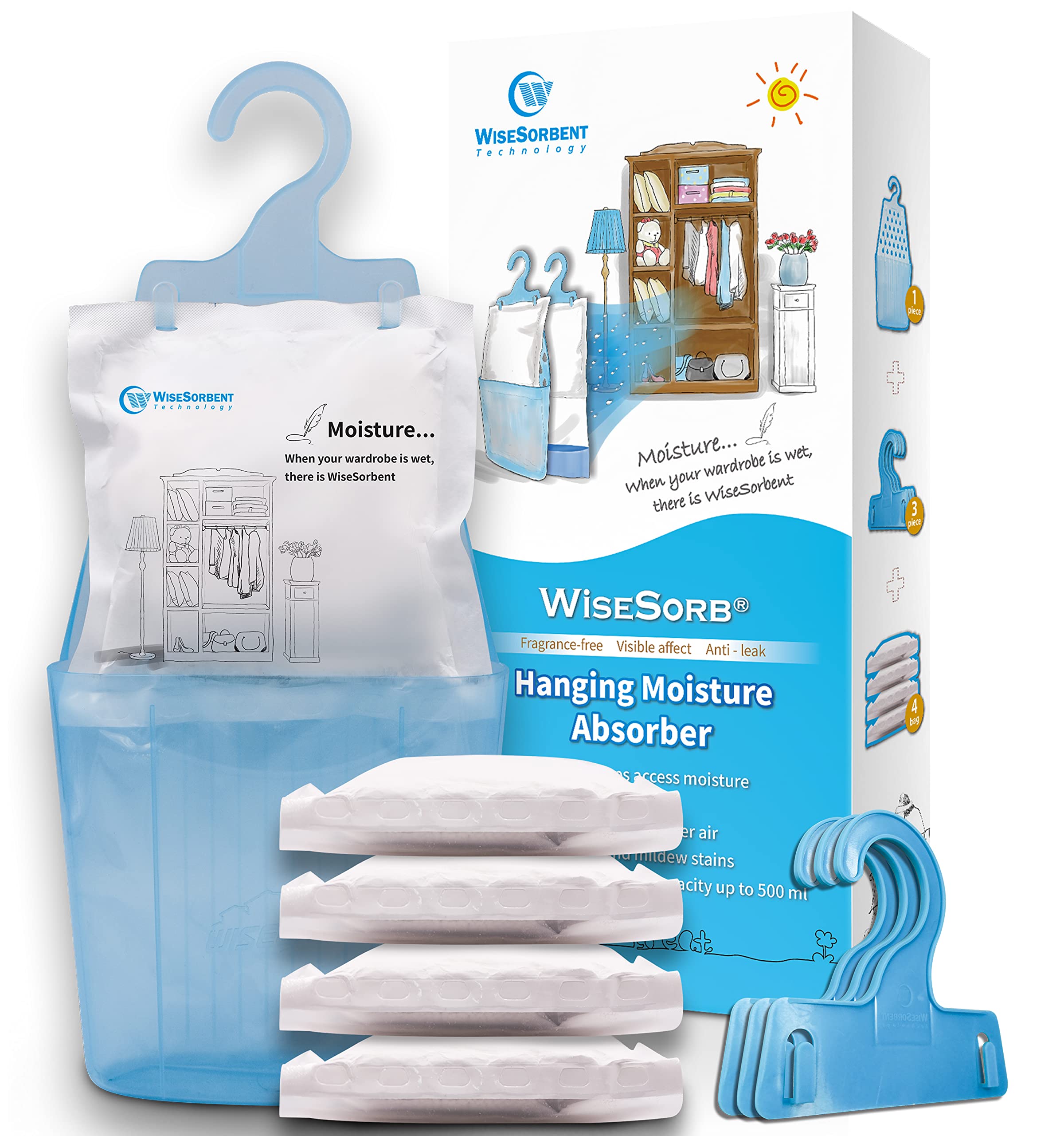 Wisesorb Moisture Absorber Packets with Plastic Case & Hook, Odor Eliminator, Leak Proof, Fragrance Free, Humidity Packs, Hanging Closet Dehumidifier Bags, Moisture Absorber (4 Packs)