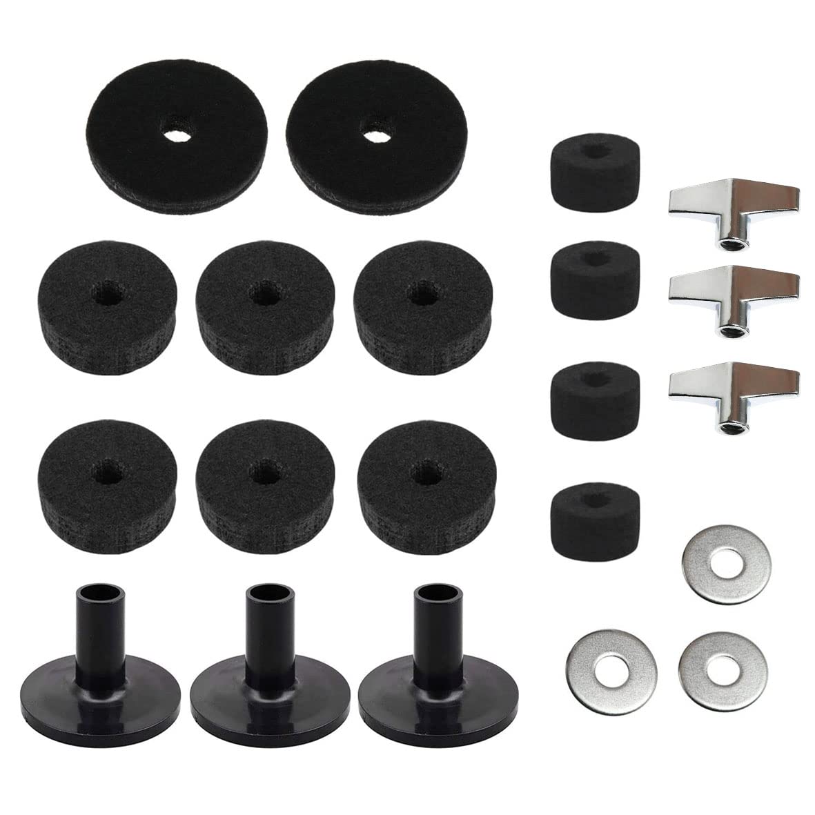 TUOREN Set of 21 Pieces Cymbal Replacement Accessories Cymbal Felts Hi-Hat Clutch Felt Hi Hat Cup Felt Cymbal Sleeves with Wing Nuts, Washer Replacement Black
