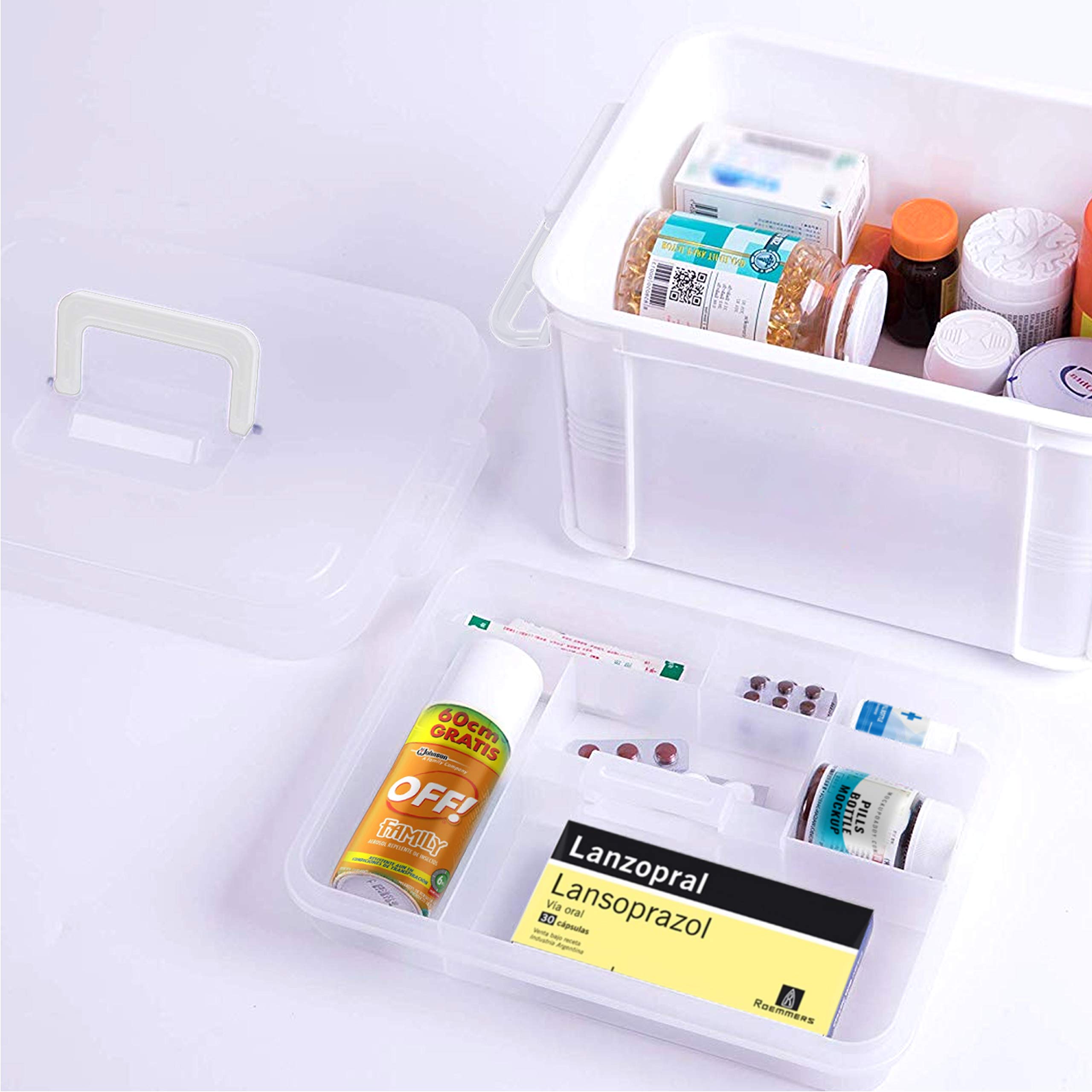 Portable handled medicine first aid box plastic medicine basic organizer holder. Family small safety emergency medical storage box kit travel, car, home, camping, office, vehicle + pill cutter (empty)