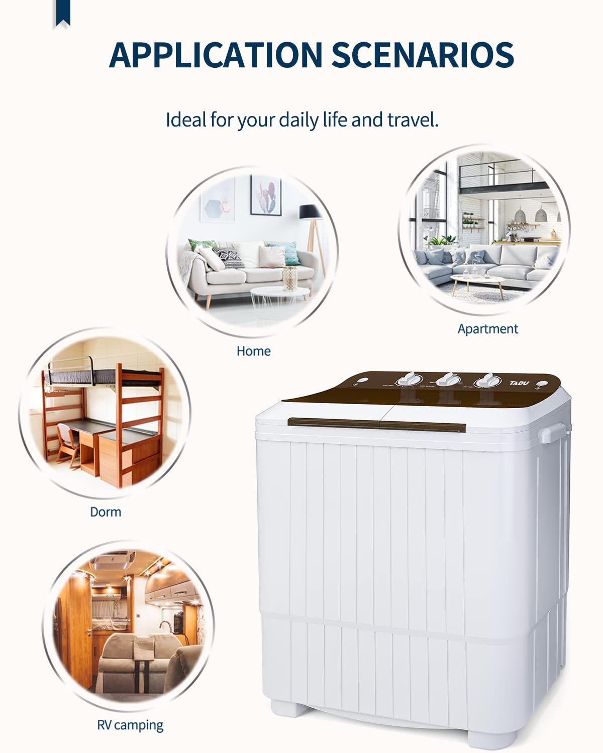 TABU Portable Washing Machine, 2 in 1 Washer Machine, Twin Tub Washing and Spining Combo Machine, 16.5LBS Portable Washer for Apartment, Dorms, RVs, Camping and More, White&Brown