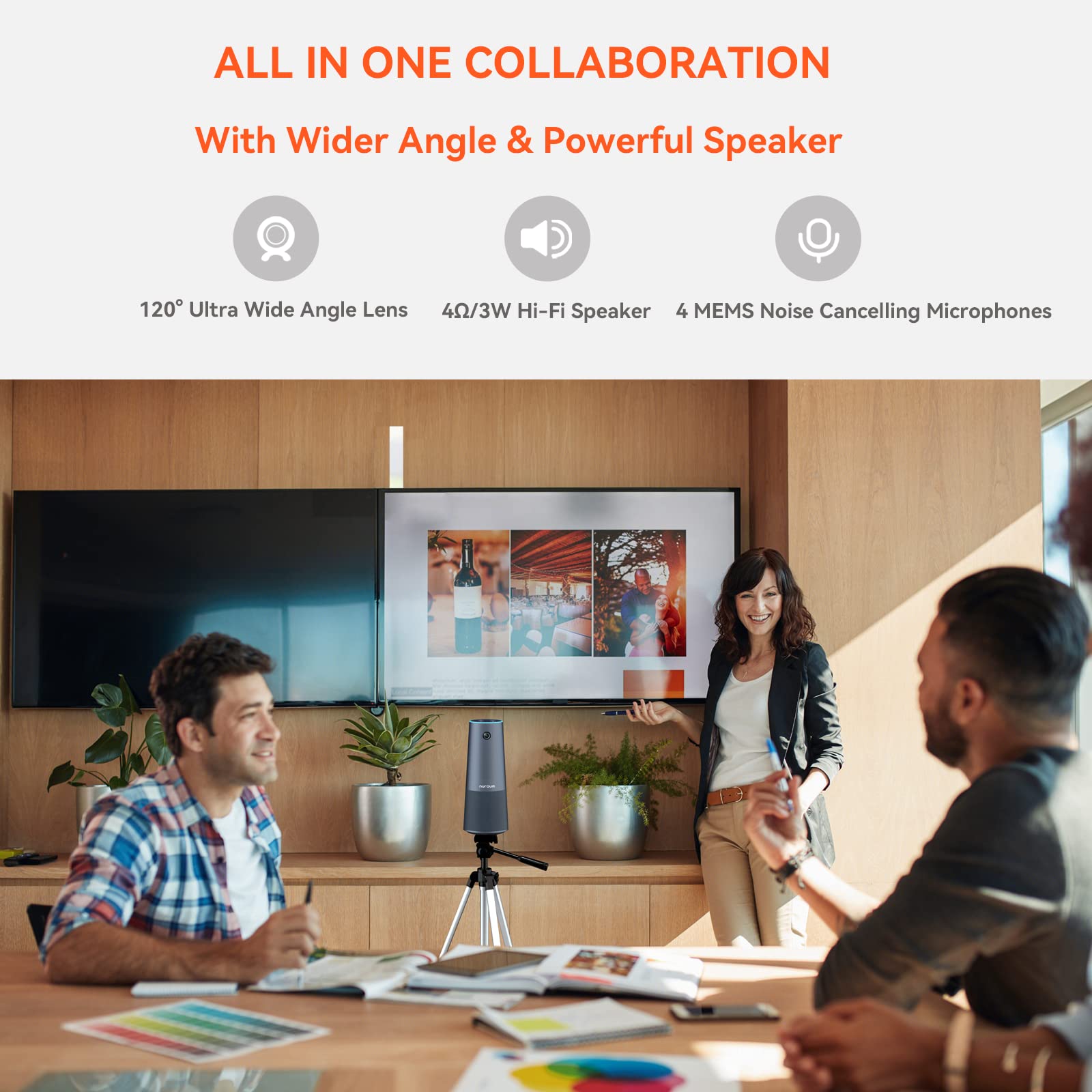 NUROUM C40 2K FHD Conference Webcam, All-in-1 Ultra Wide-Angle 120° Video Conference Camera with 4 Microphones&Speakers, 5X Zoom with Remote Control, 16ft Voice Pickup, AI Noise-Cancel, USB Plug&Play