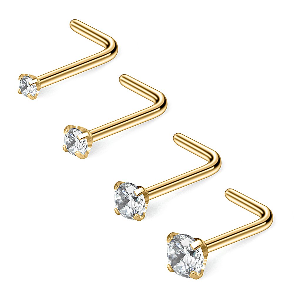 Ruifan 4PCS 20G 316L Surgical Steel 1.5mm 2mm 2.5mm 3mm Clear Round Diamond Cubic Zirconia Crystal Nose L Shaped Studs Rings Piercing Jewelry - Gold