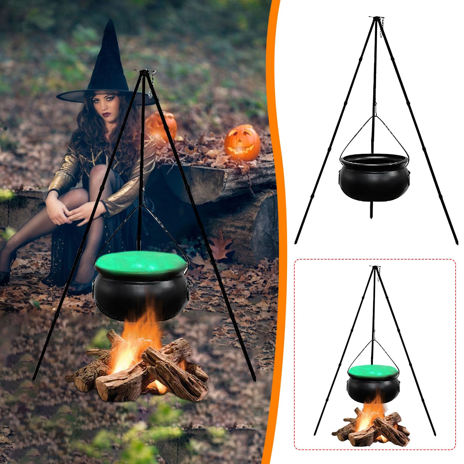 Witches Cauldron, Large Halloween Cauldron Decor On Tripod with Timer Green Lights, Plastic Giant Witch Cauldron Halloween Decorations for Outdoor Porch Yard Lawn Outside (L, Black)